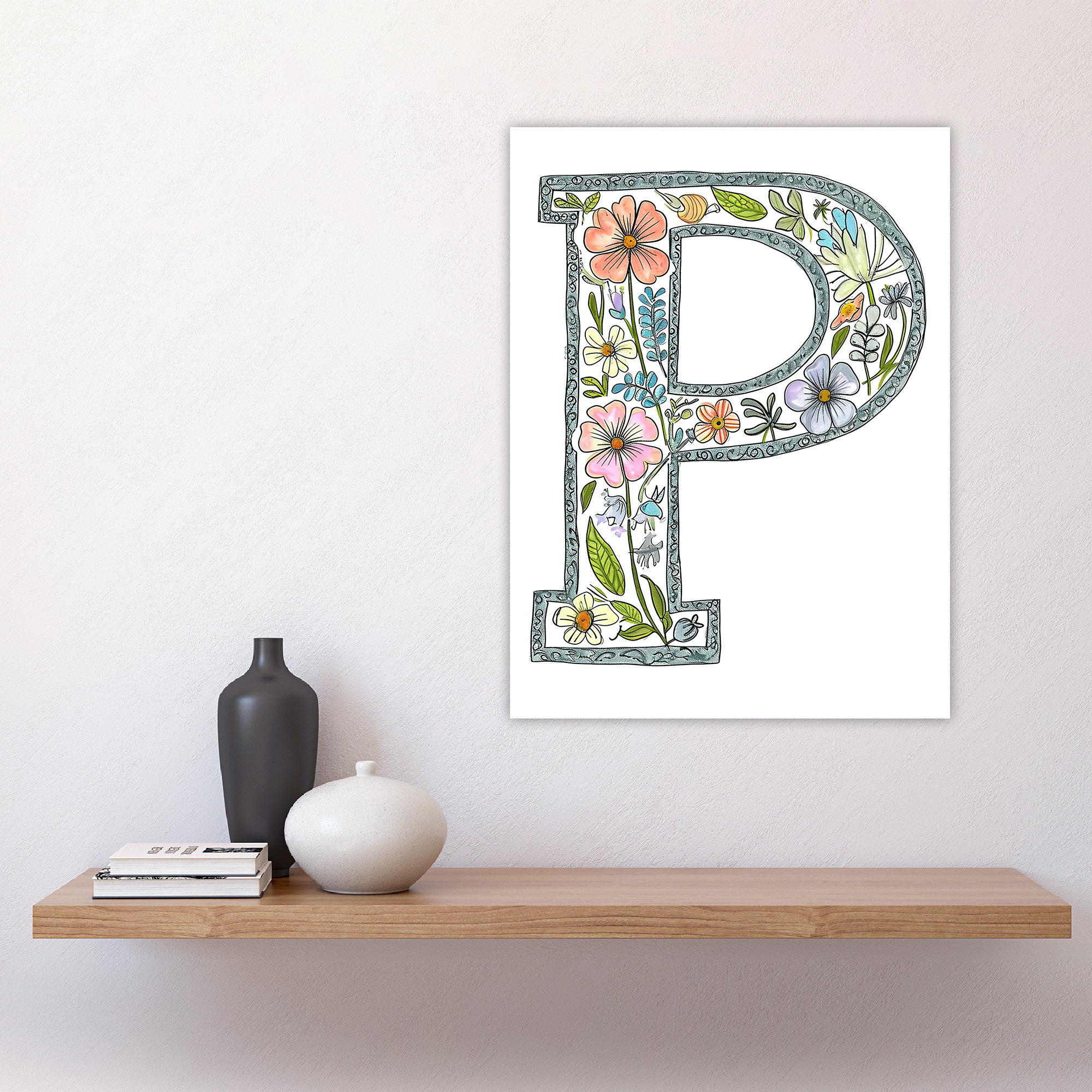 World Menagerie Wall Art Print Letter P in Flowers Pencil Drawing ...
