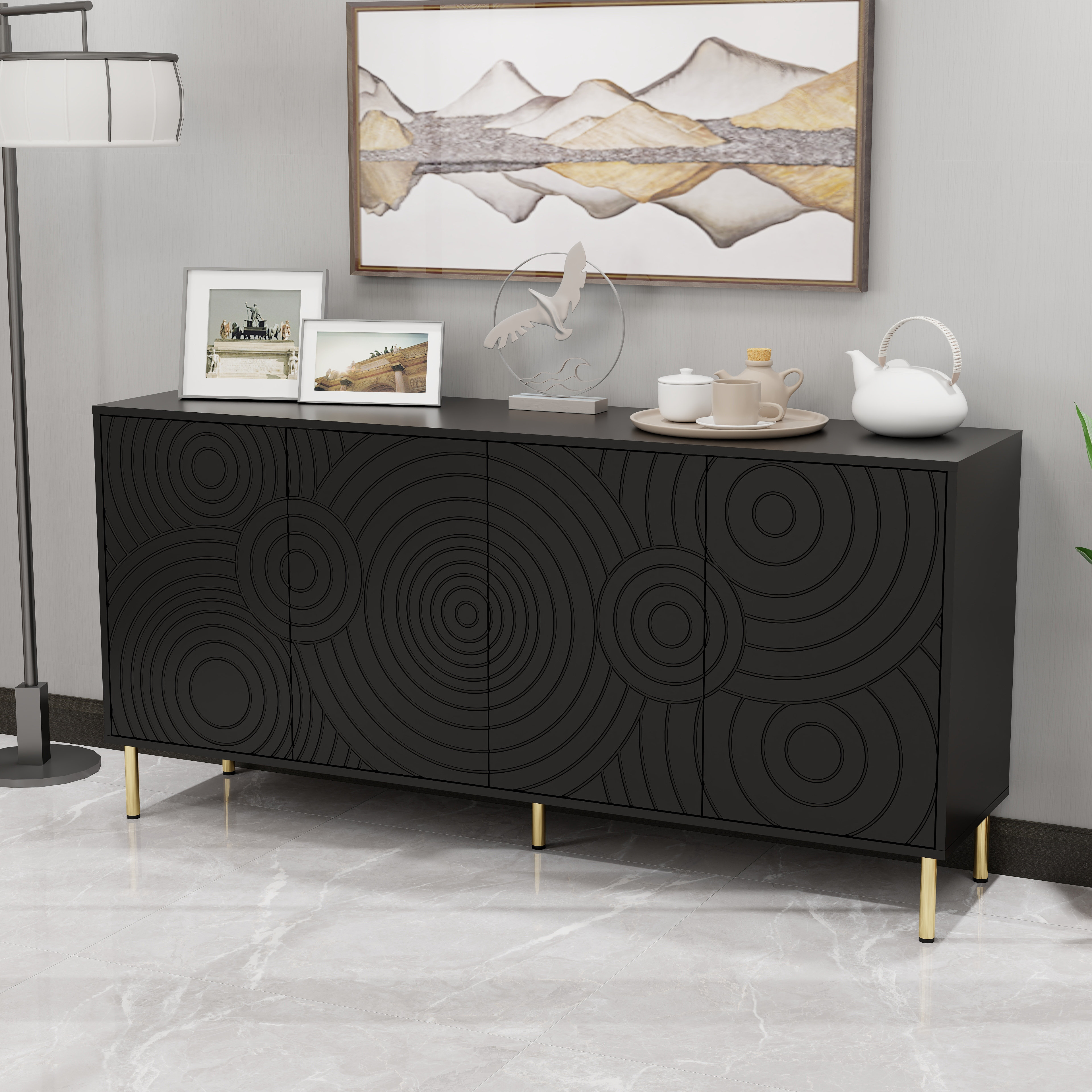 Mercer41 Gortt 63”W Black Sideboard Buffet Cabinet With Door, Side ...