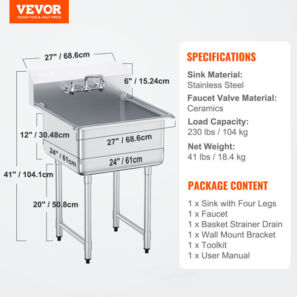 VEVOR 27'' L x 24'' W Silver Free Standing Service Sink with Faucet ...