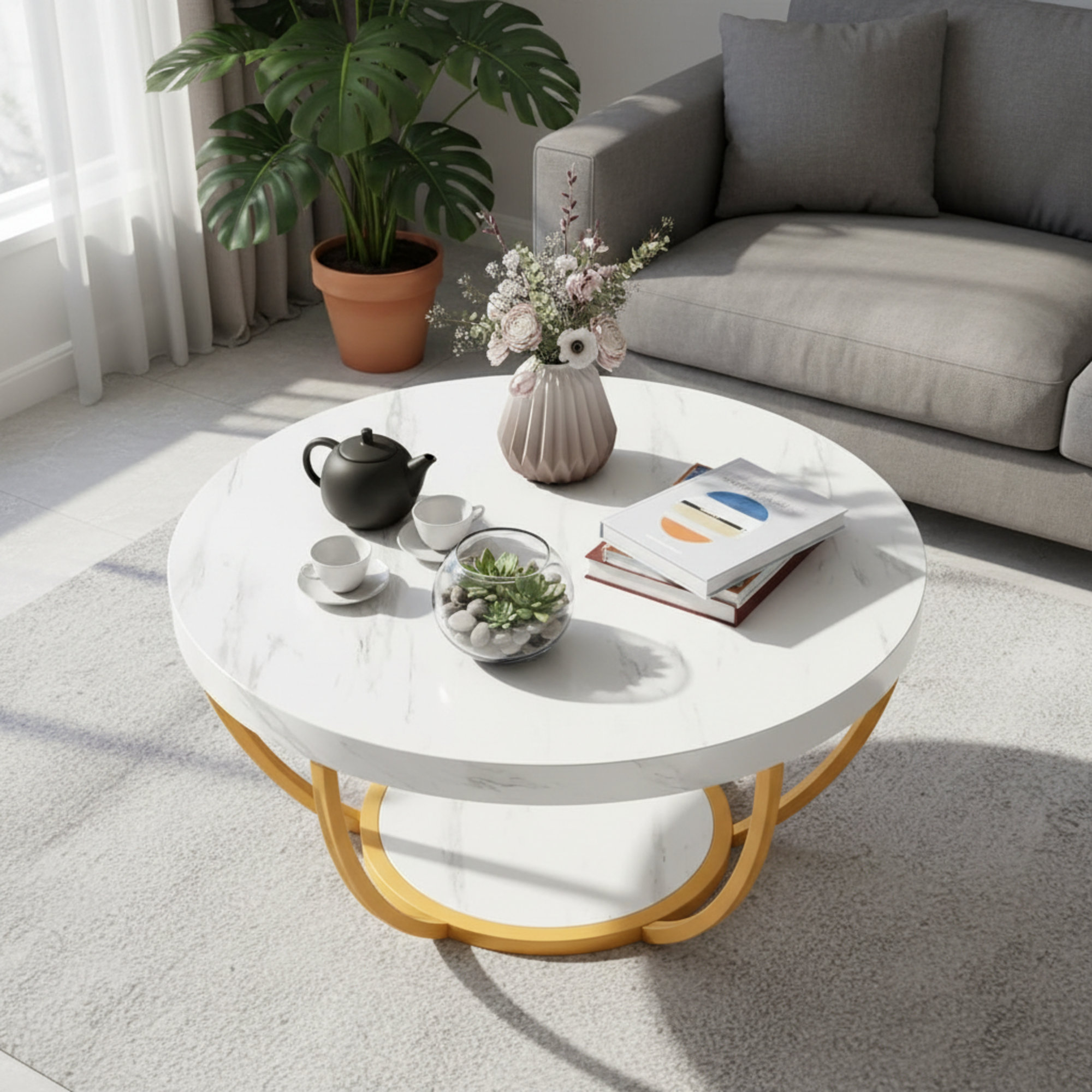 Latitude Run® Round Faux Marble Coffee Table, Double-Layer Decorative ...