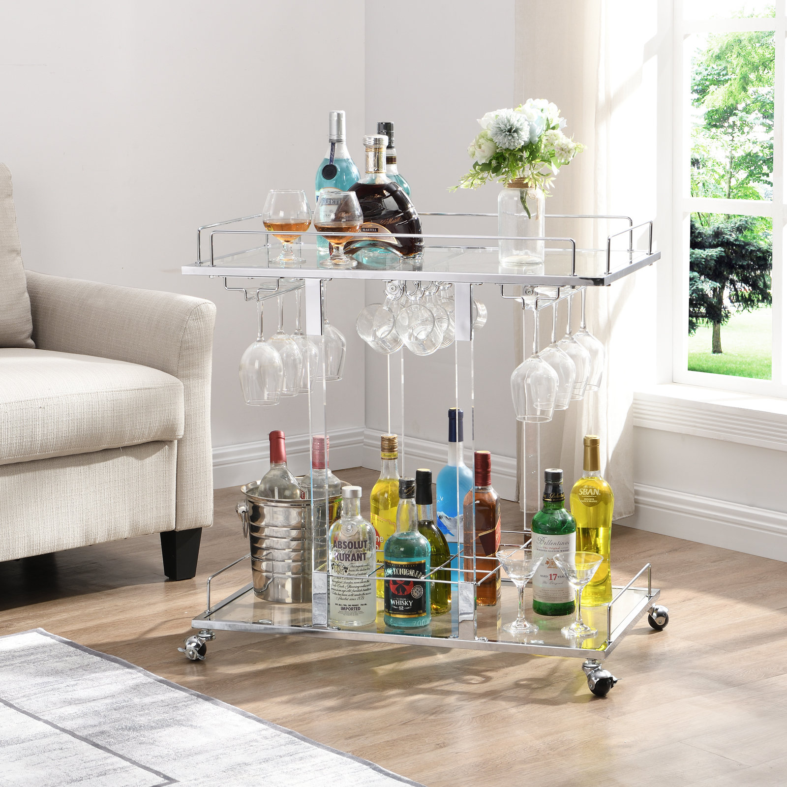Rebrilliant Kibwe Metal & Acrylic Bar Cart with Glass Shelves and ...