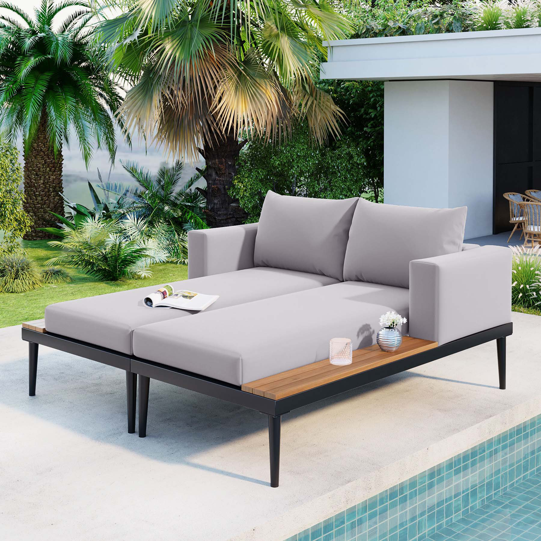 Latitude Run® Vianette Outdoor Patio Daybed Metal Double Chaise Lounge ...