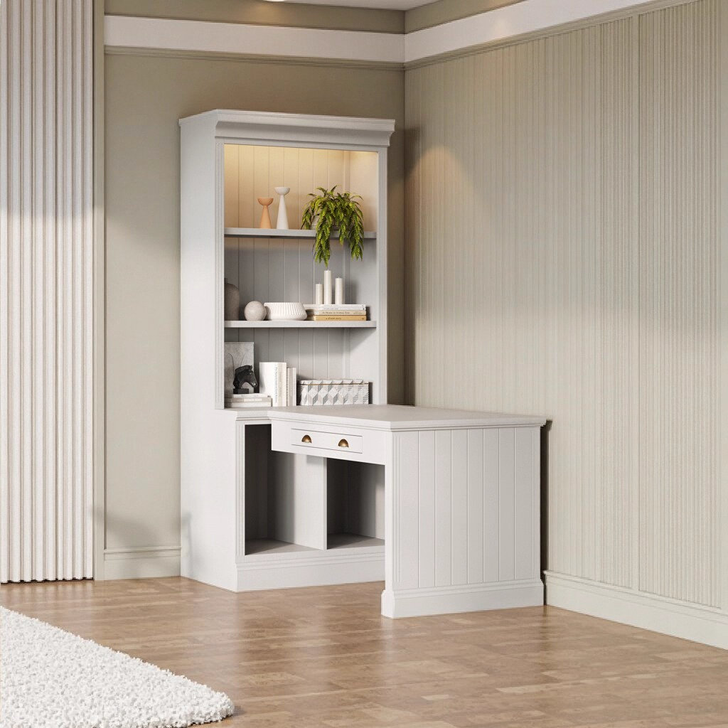 Latitude Run® 83.4" Modern White Bookcase with Writing Desk, LED ...