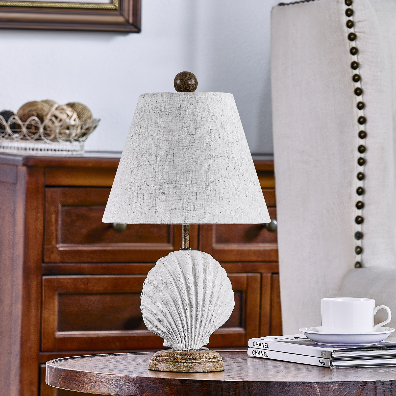 Highland Dunes 15.5"H White Resin Seashell Table Lamp With Shade ...