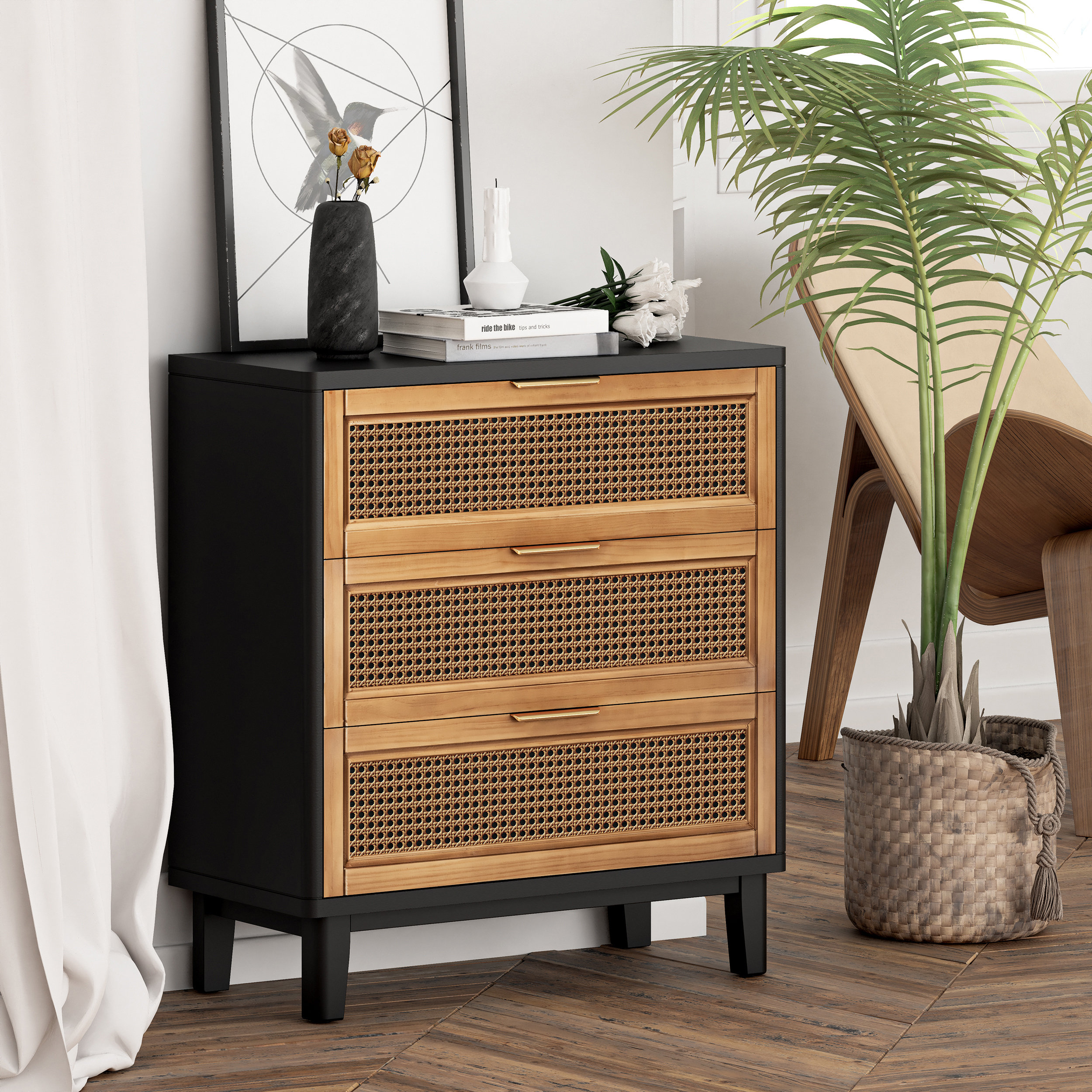 Bay Isle Home™ Aril 3-Drawer Woven Cane Front Accent Chest, Mid Century ...