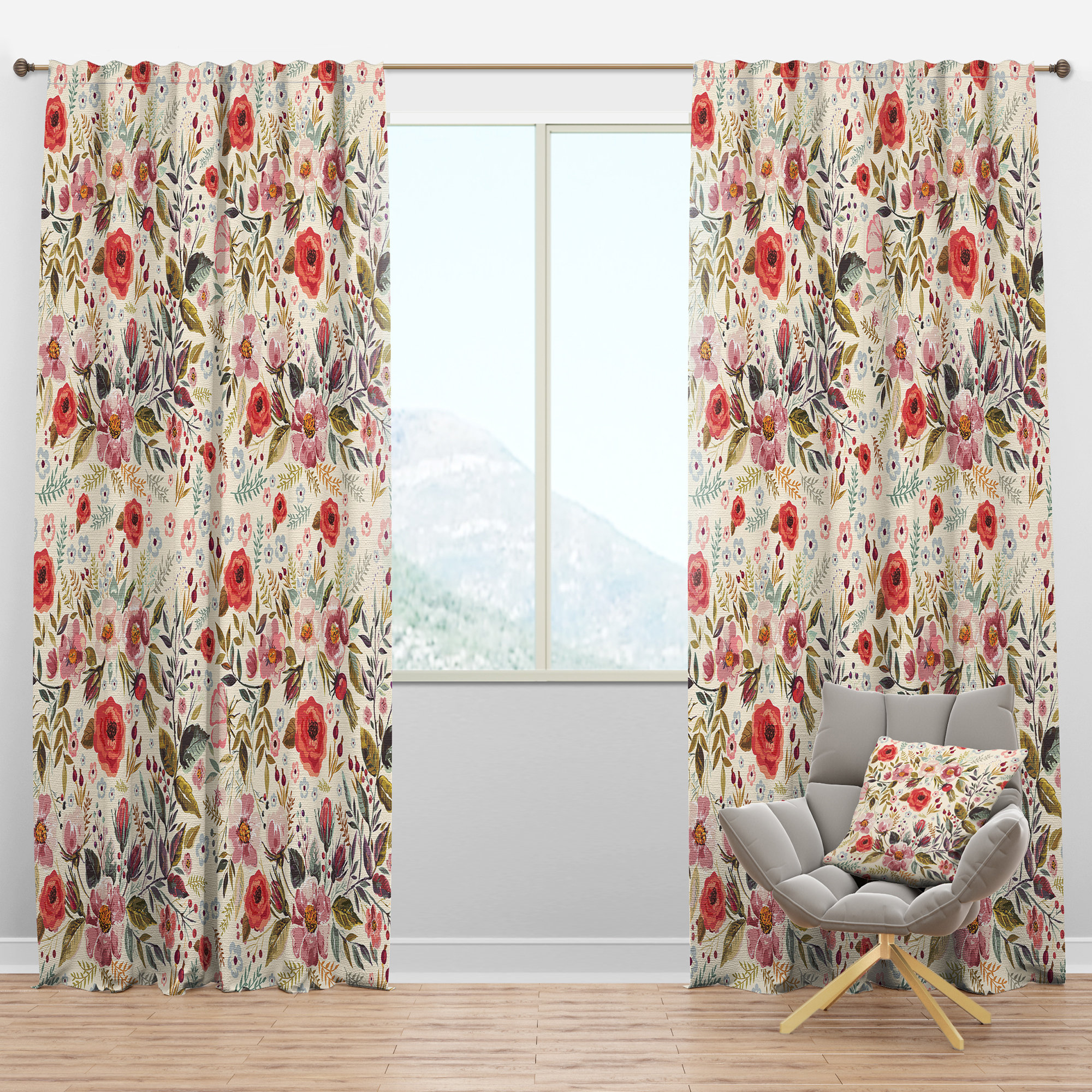 Design Art Vintage Red Pink Flower and Leaves - Farmhouse Curtain ...