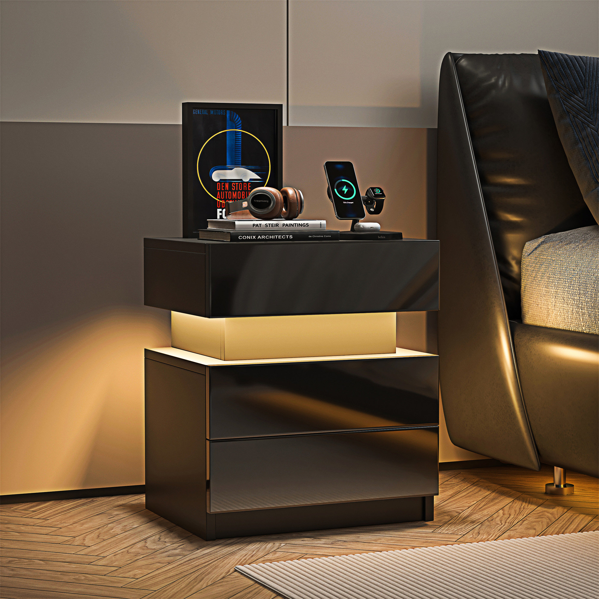 Wrought Studio™ NEW LED Nightstand Modern Black Nightstand With Led ...