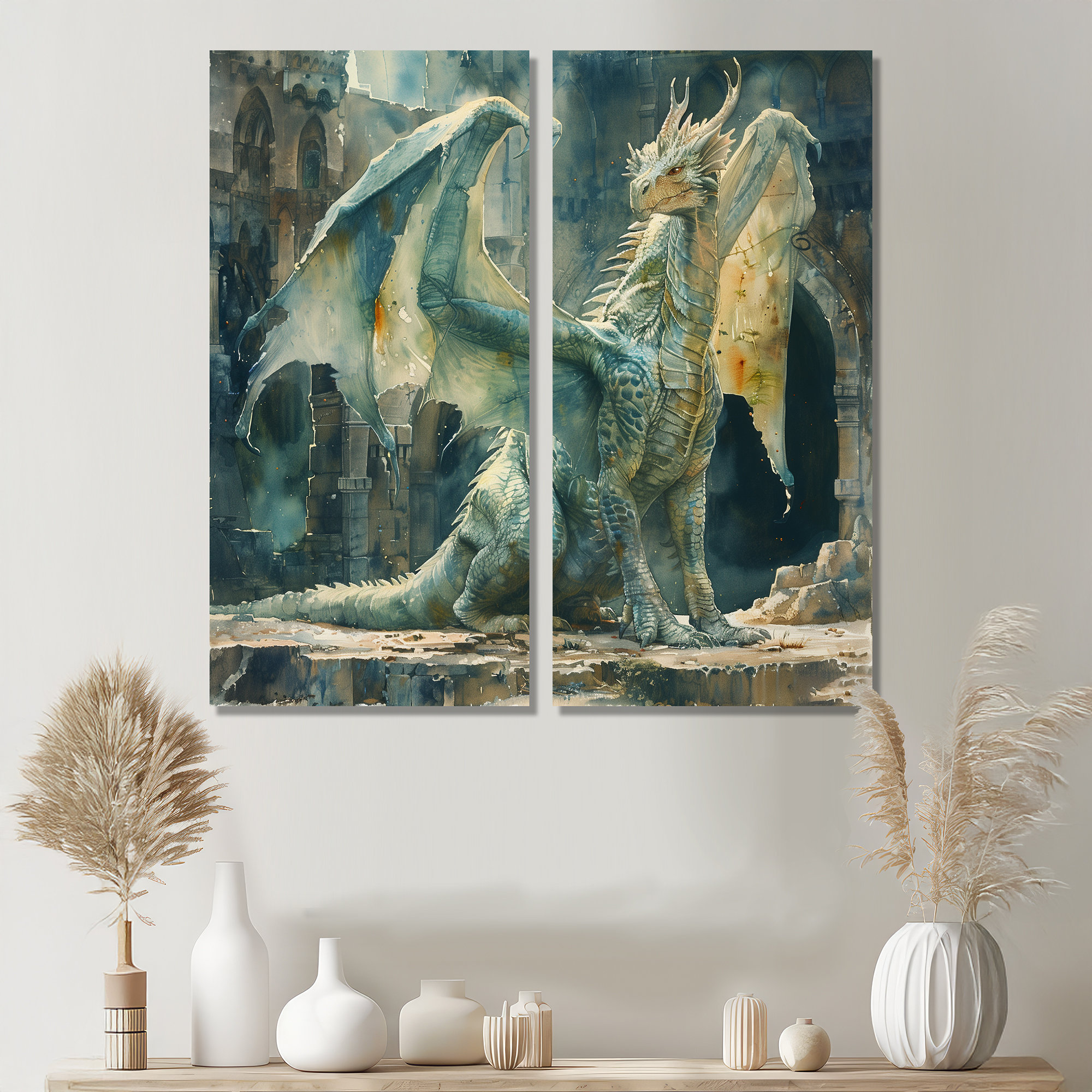 Trinx Green Ancient Ruins Dragon I - Abstract Dragons Canvas Wall Art 2 ...
