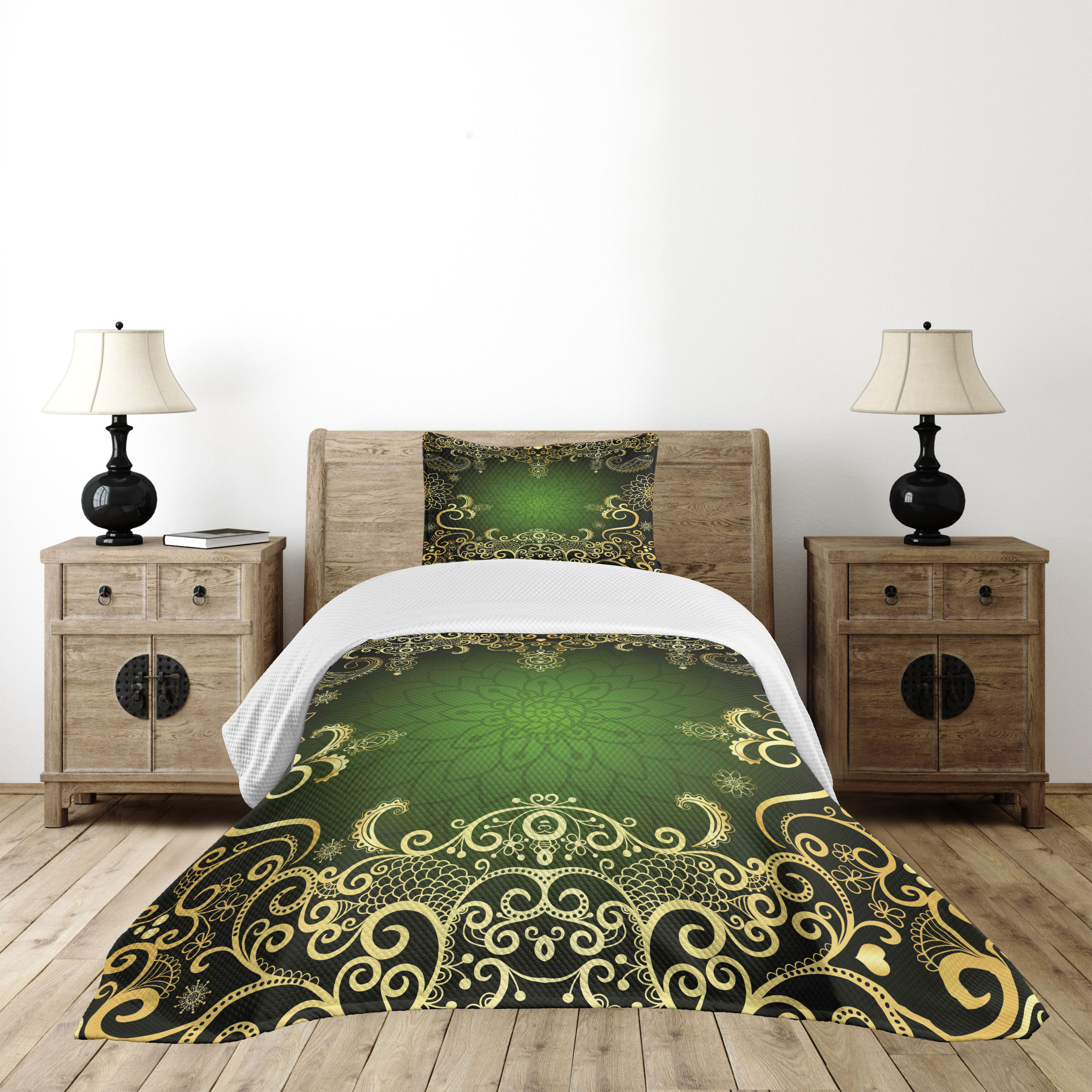 Ambesonne Mandala Bedspread Set 2 Pcs Frame Lotus Twin Green Black Pale ...