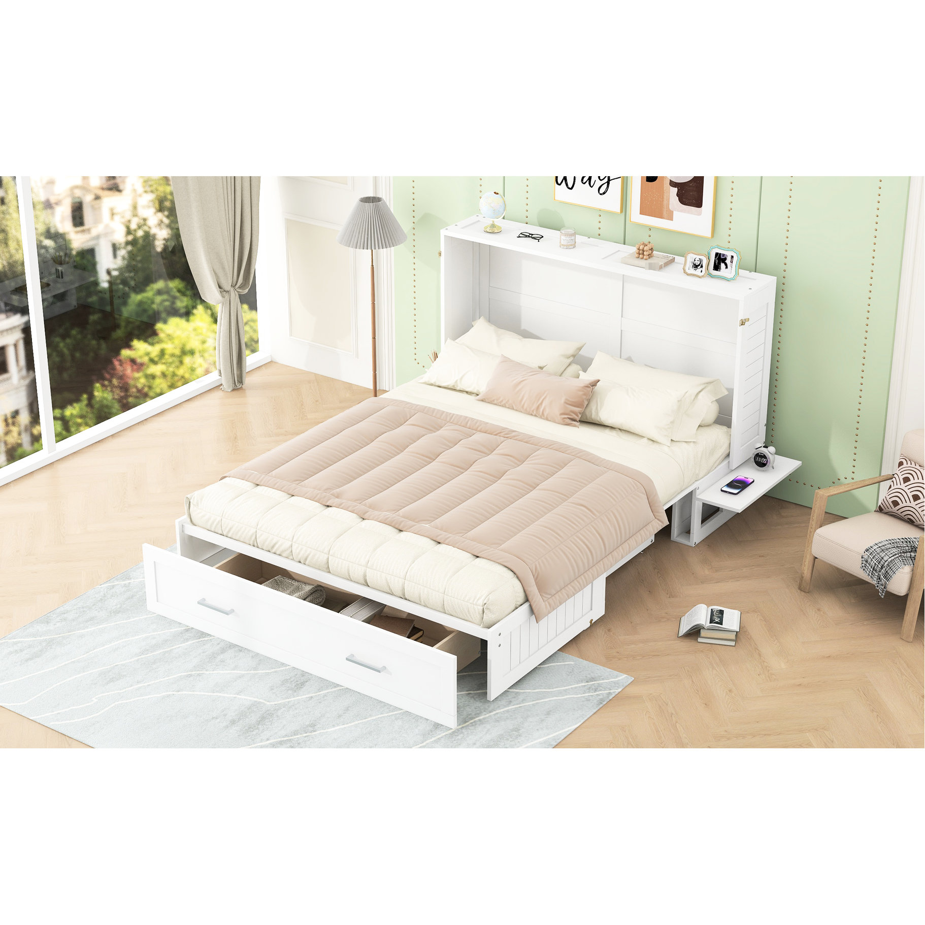 Latitude Run® Bed For Queen, White With Drawer And Side Shelf Units ...
