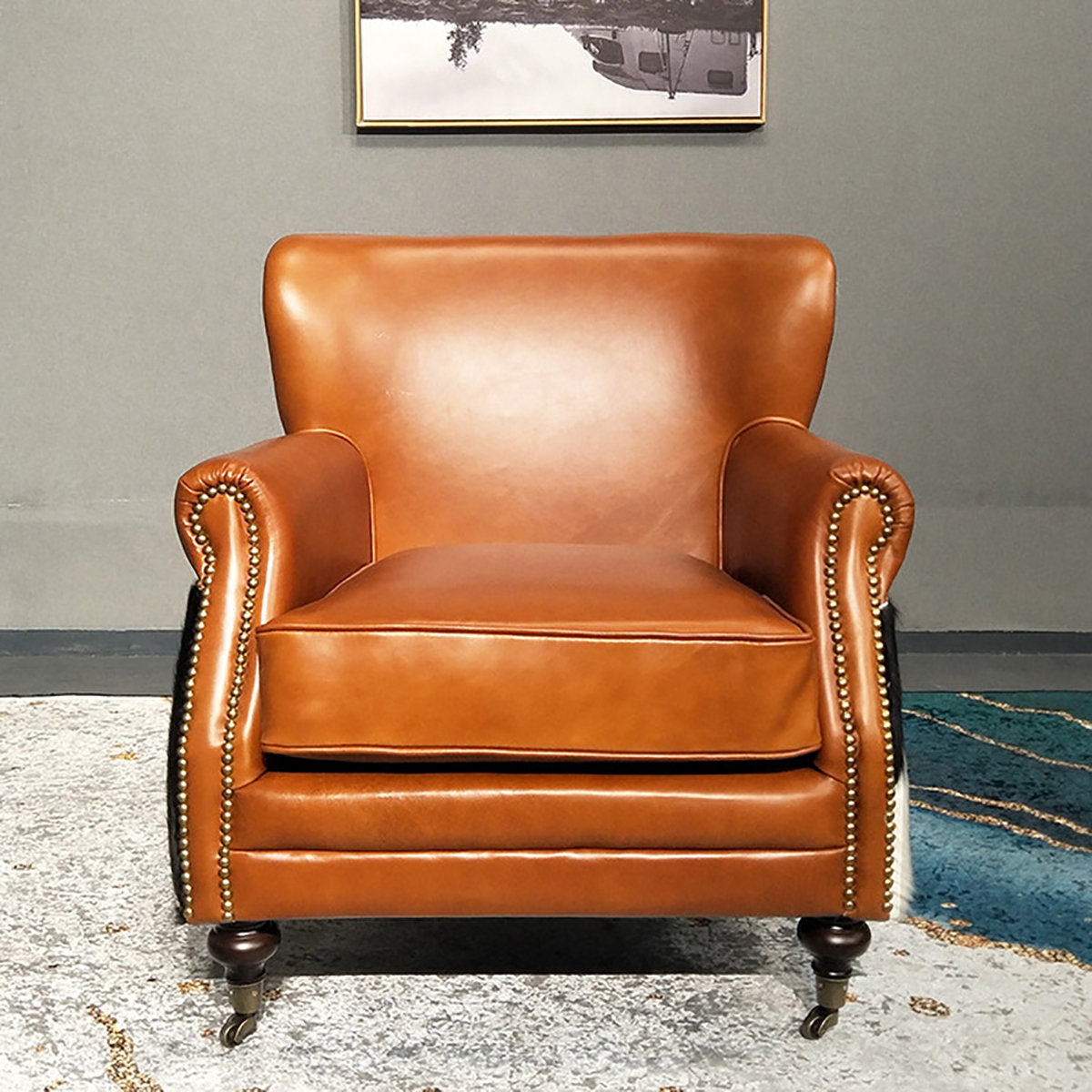 Isla Hopping 28.35"Modern Orange Solid Wood Genuine Leather Arm Chair ...