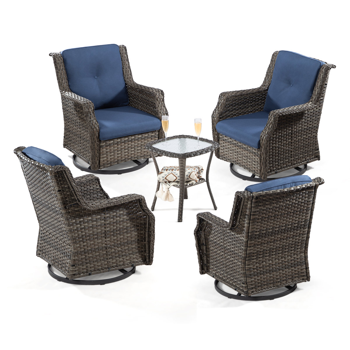 Red Barrel Studio® 4-Person Rattan Swivel Rocking Chairs with Cushions ...