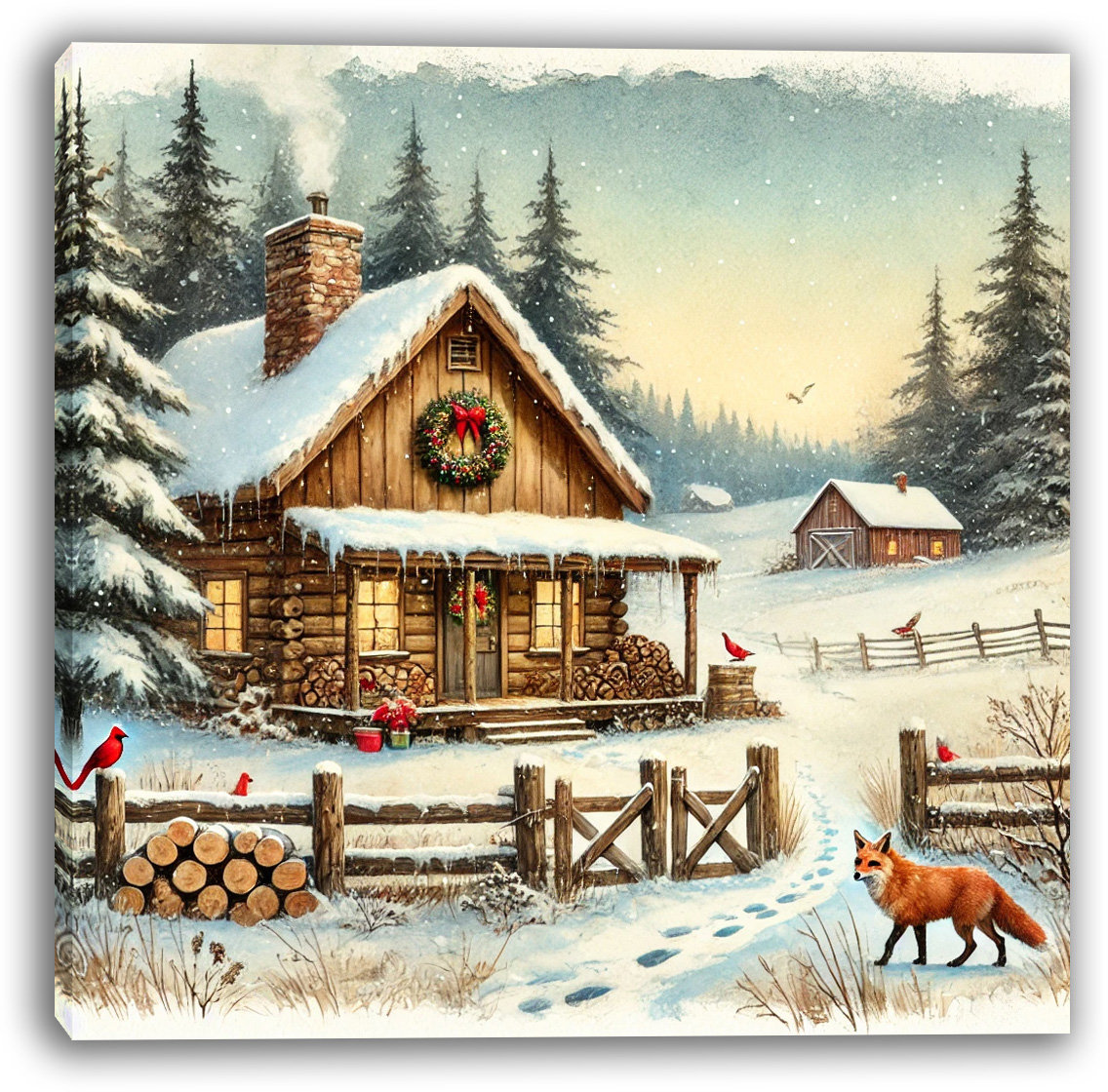 The Holiday Aisle® Rustic Log Cabin with Cardinals, Fox, and Snowy ...