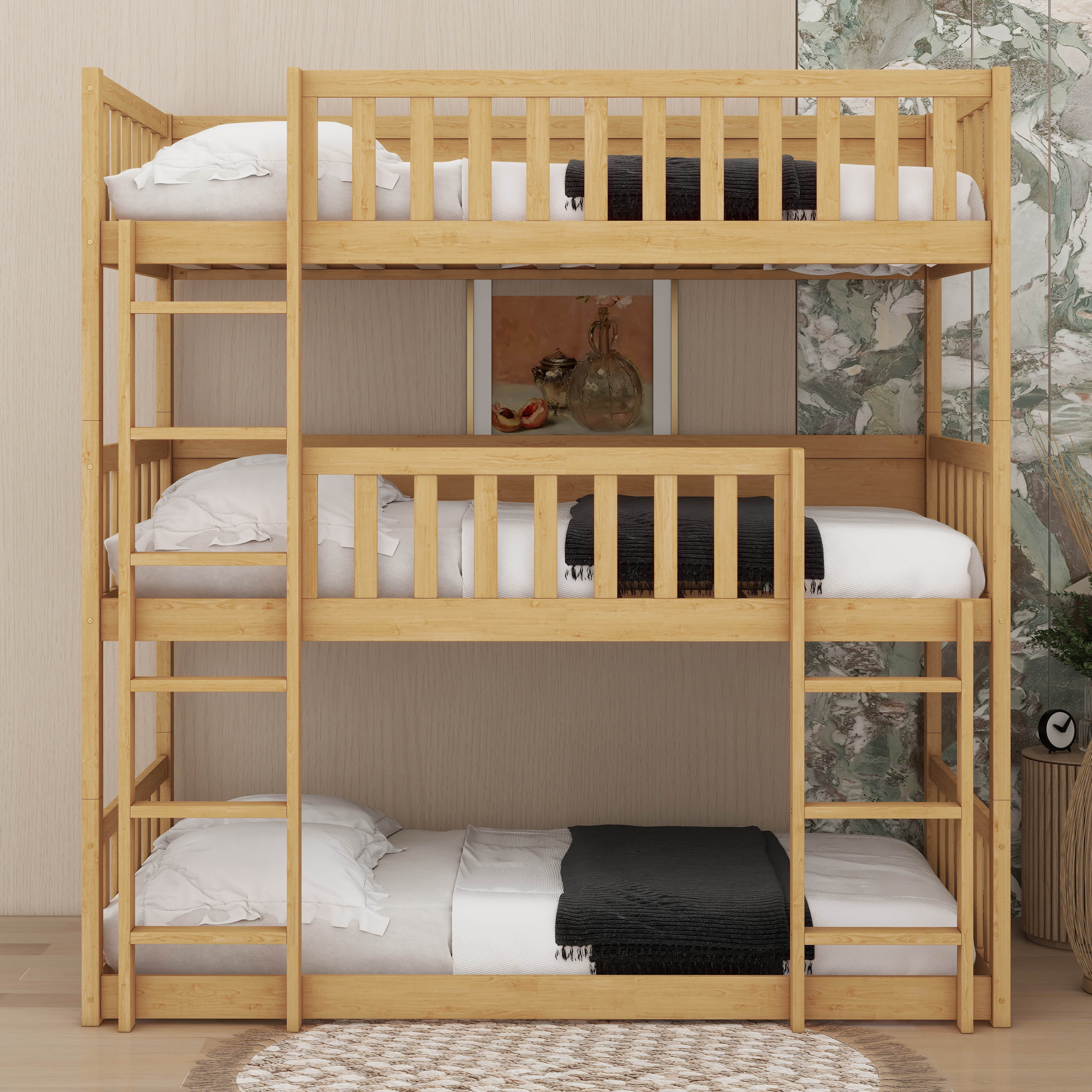 Harriet Bee Keiya Twin Over Twin Over Twin Triple Rubber Wood Bunk Bed ...