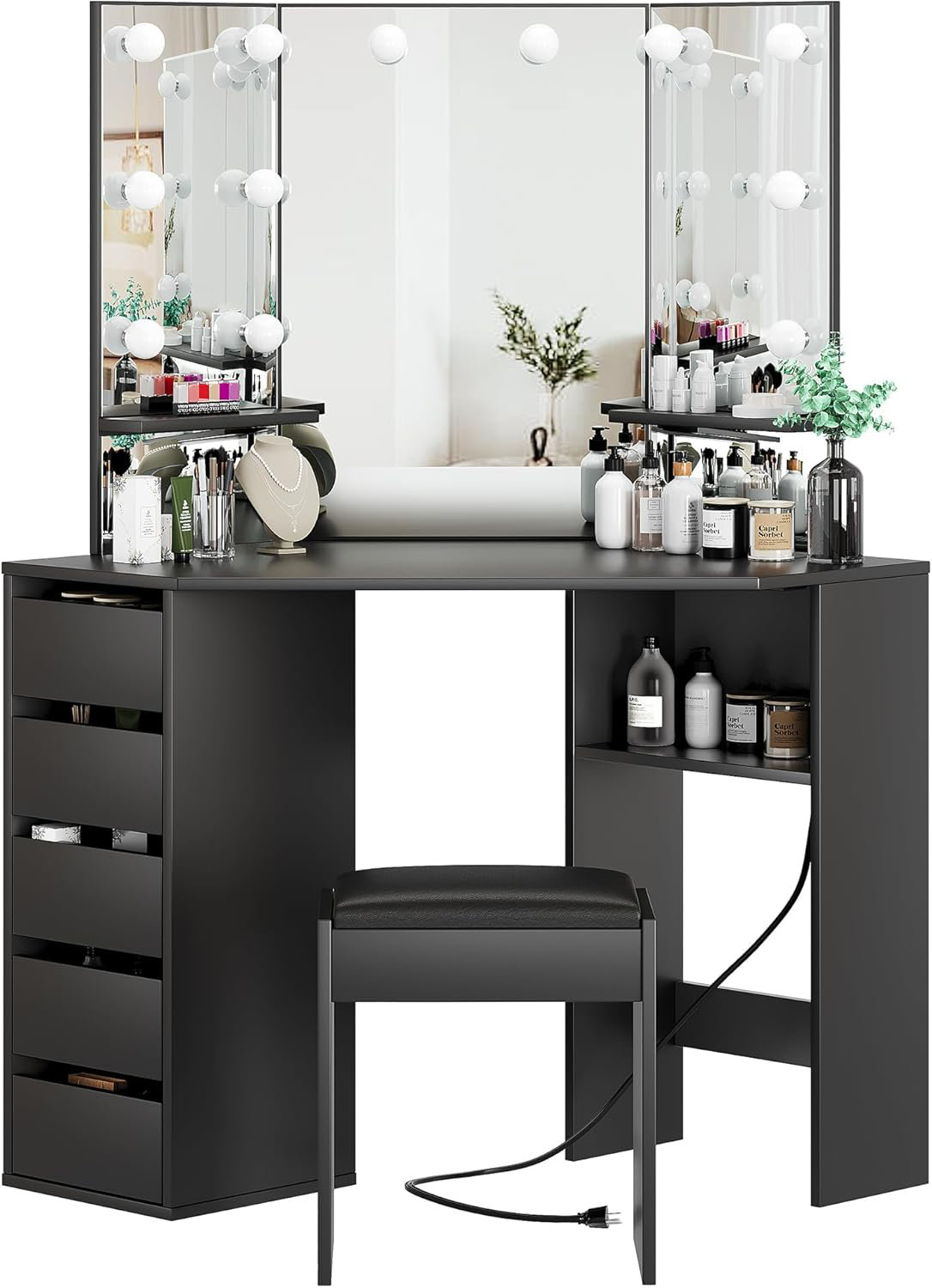 Latitude Run® Corner Vanity with LED Lighted Mirror, Vanity Desk with ...