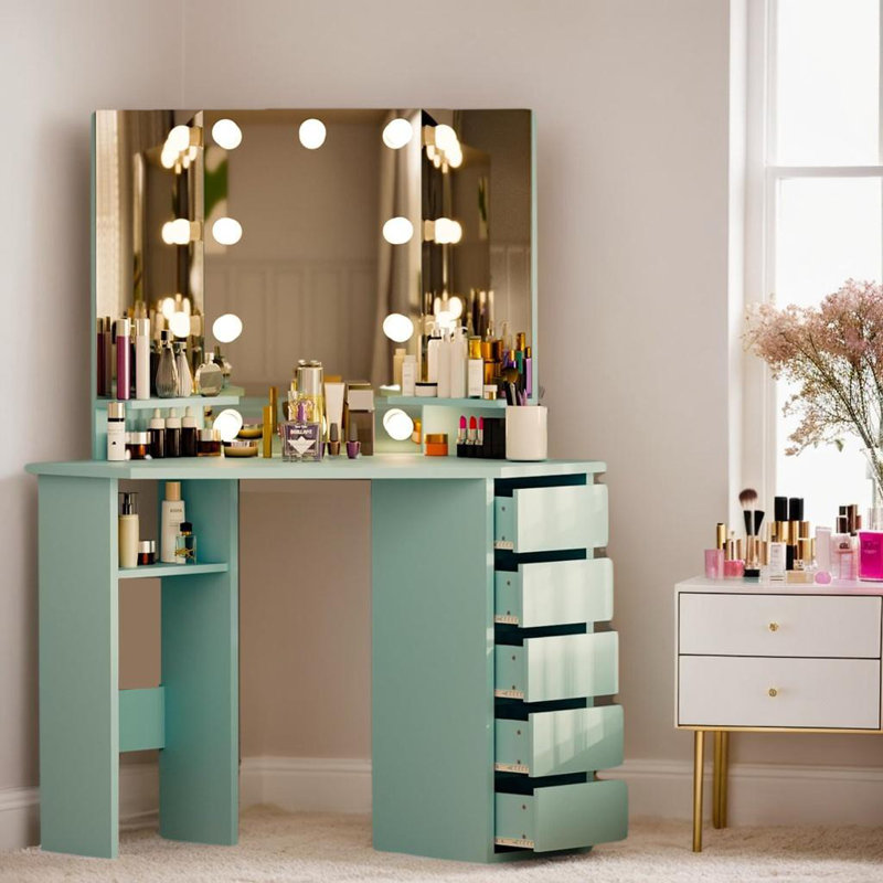 Ebern Designs Jaxcen Tri-Fold Mirror Vanity with 5 Drawers and 3 ...