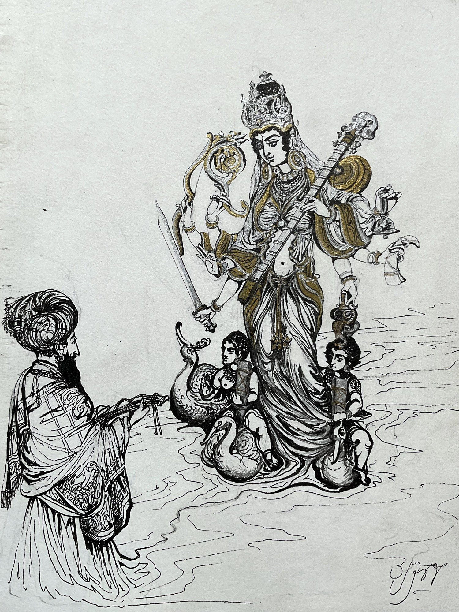 Exotic India Devotee Praying Goddess Saraswati On Swan | Ink Sketch ...
