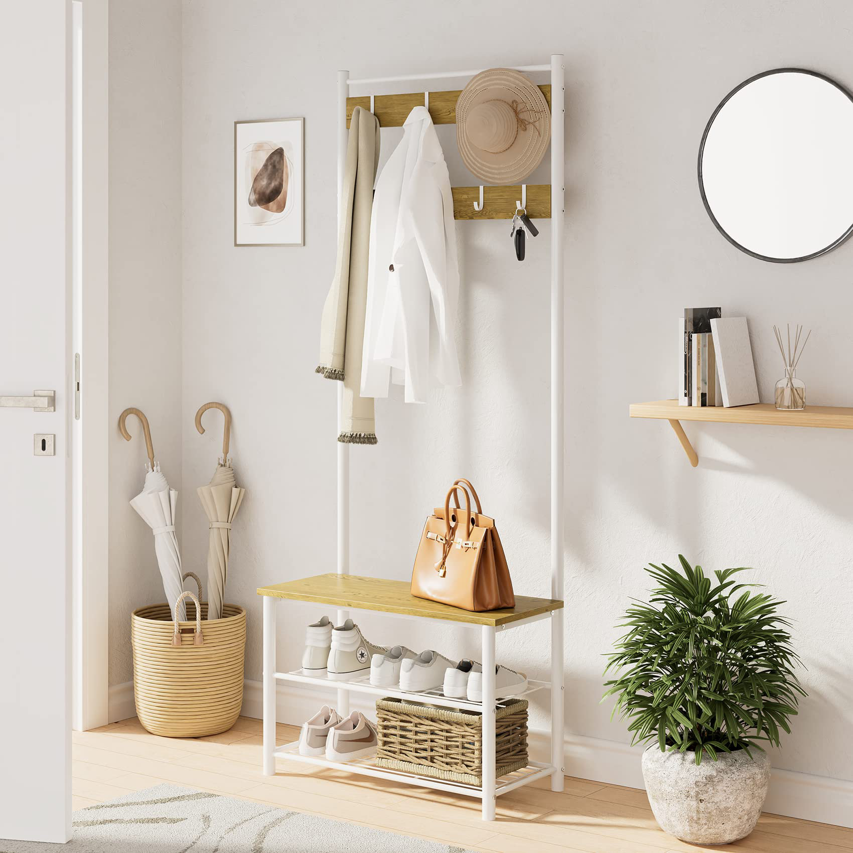 Ebern Designs Aizah 3-In-1 Freestanding Wooden Coat Rack With Shoe ...