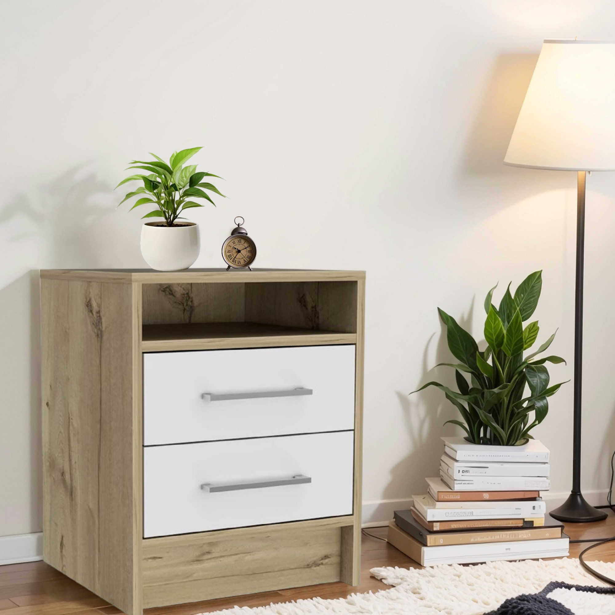 Ebern Designs 20"H Nightstand With 2 Drawers And Open Shelf,Light Oak ...