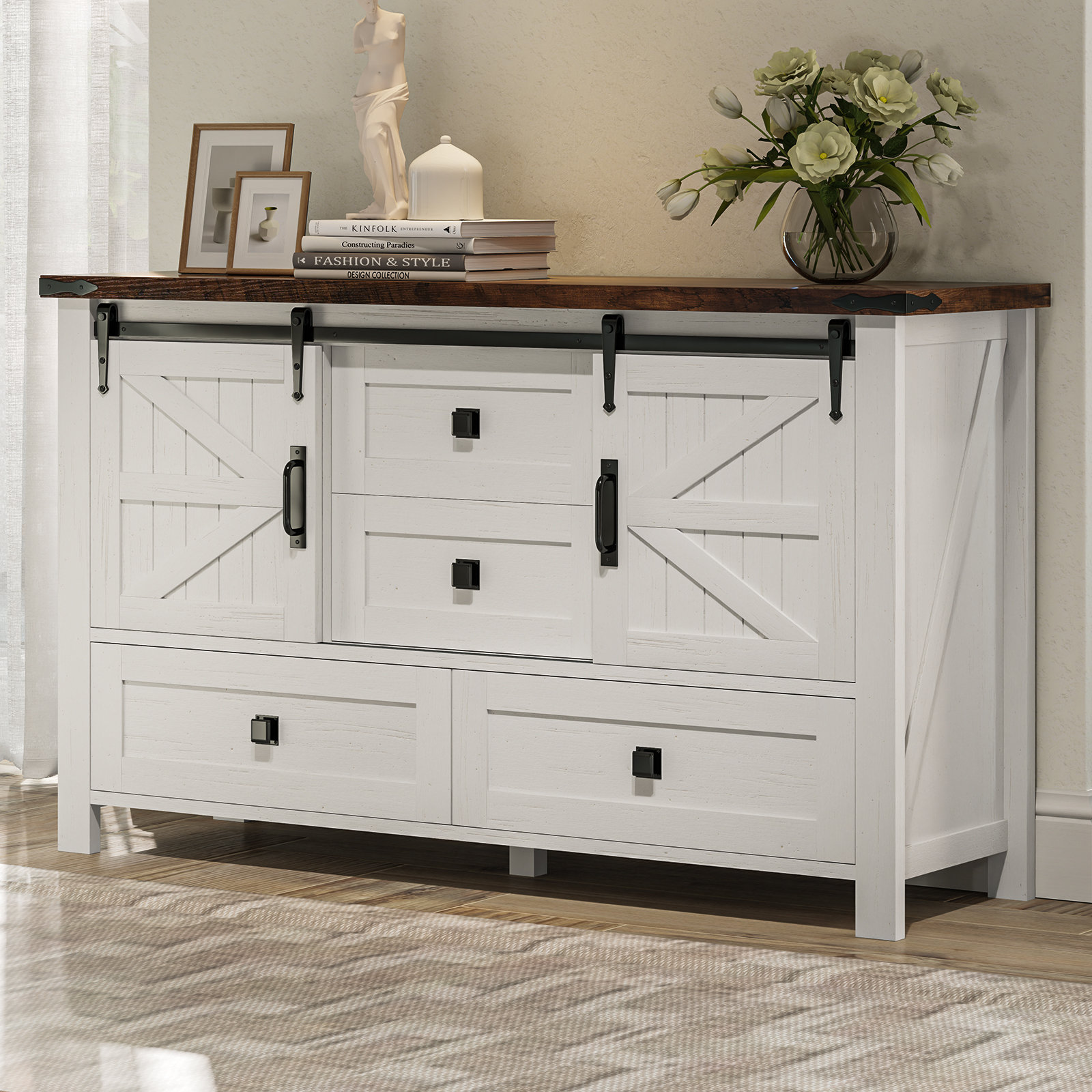 Gracie Oaks 48" W Farmhouse Dressers With 2 Sliding Barn Doors ...