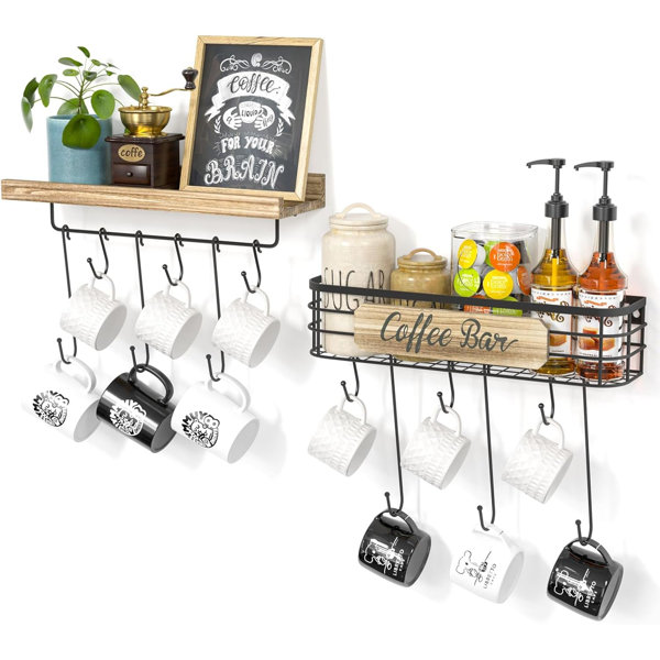 Gracie Oaks Coffee Cup Holder 2 Pack Coffee Bar Shelf With 12 Mug Hooks ...