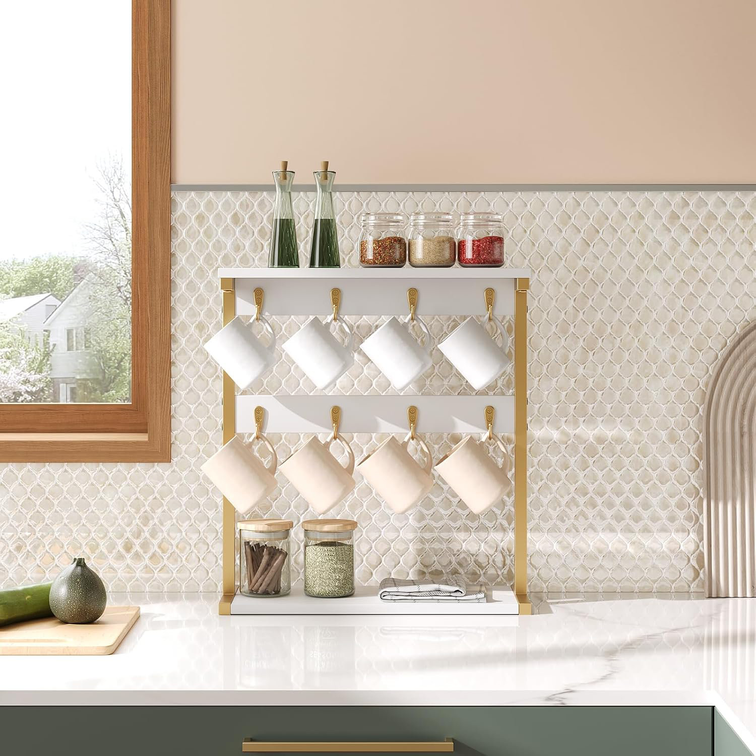 Everly Quinn Coffee Mug Holder For Counter, 2 Tier Mug Tree Rack, White ...