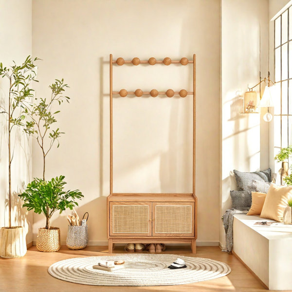 Elegant Home Furnishings.s Solid Oak Hall Tree with Rattan Design | Wayfair