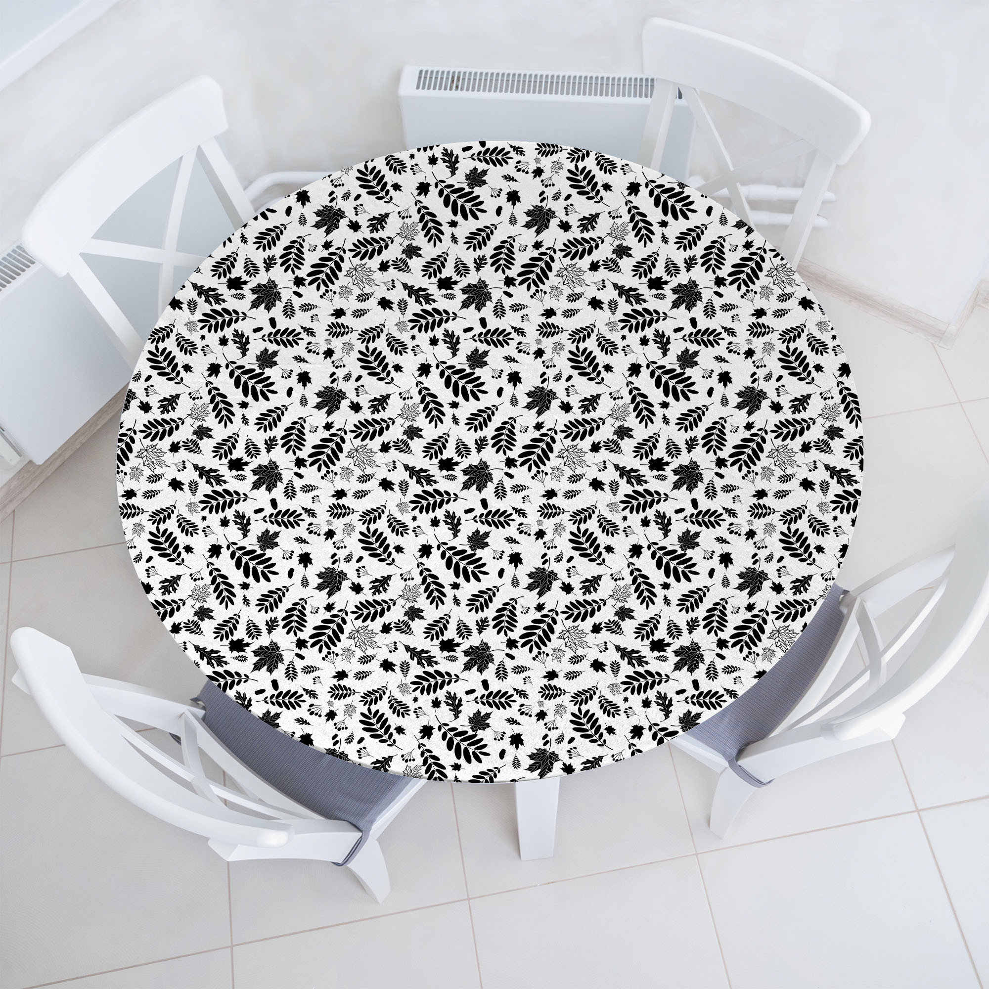 Mercer41 Leaves Fitted Round Tablecloth Diameter Black White | Wayfair