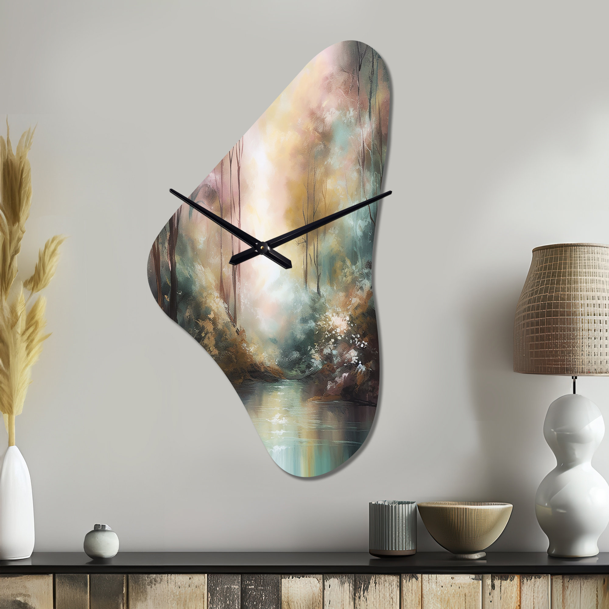 Design Art Whimsical Stream - Mountains Unique Shape Metal Wall Clock ...