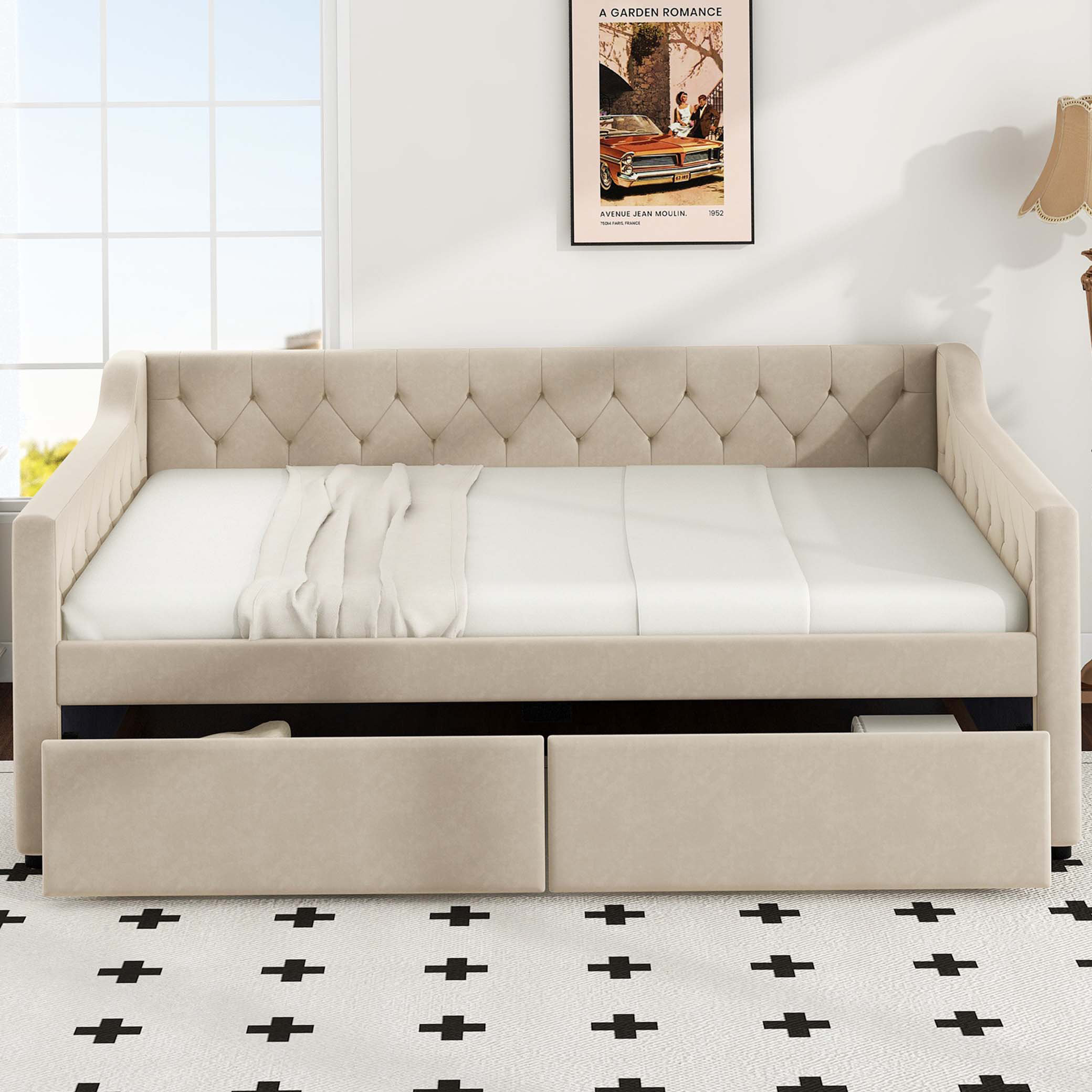 Lark Manor Full Size Upholstered Tufted Daybed with 2 Drawers, Beige ...
