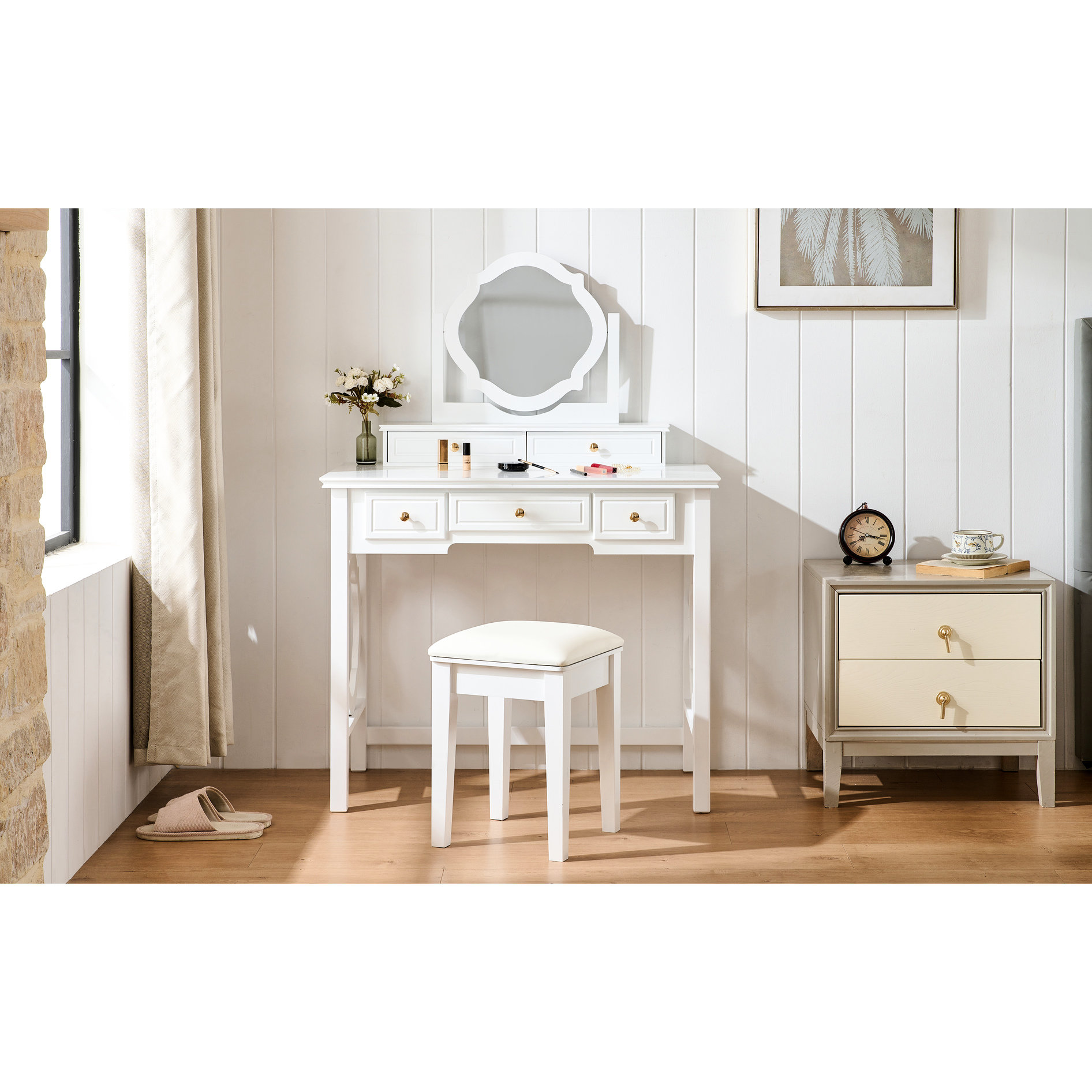 Latitude Run® White Makeup Vanity And Stool With Reversible Mirror ...