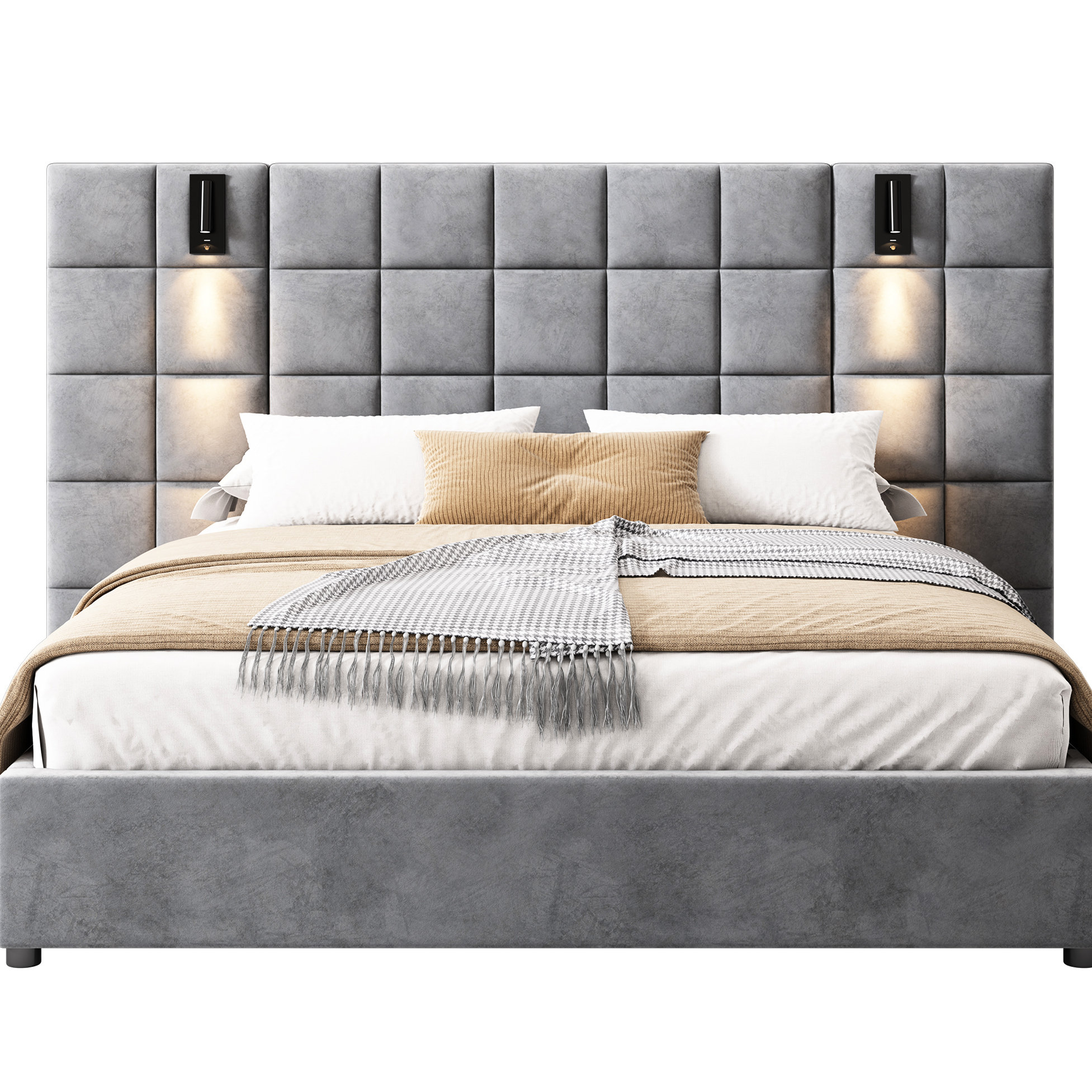 Mercer41 Upholstered King Bed, Grey Velvet Upholstery, Reading Lamp ...