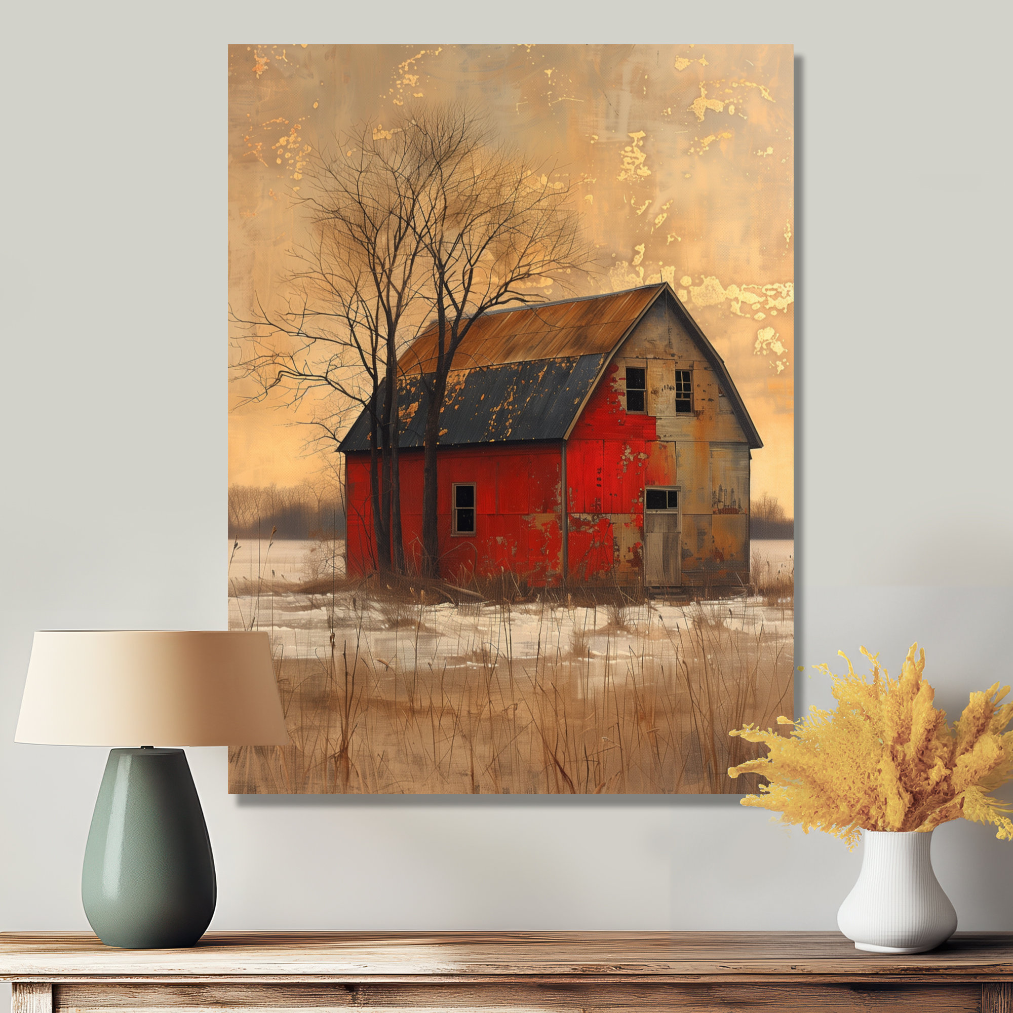 August Grove® Grey Red Vintage Autumn Charm Barn - Barn Wall Art | Wayfair