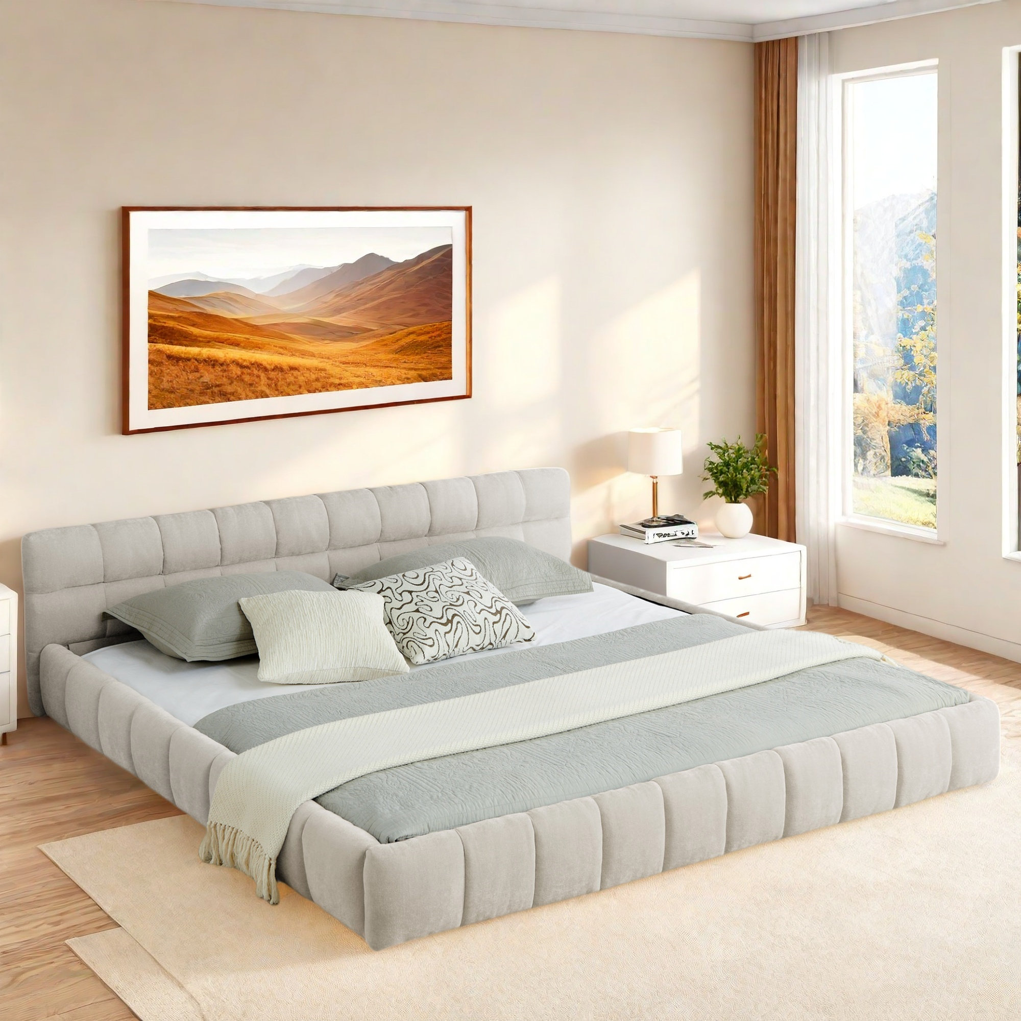 Mercer41 Upholstered Grounded Bed With Thick Fabric | Wayfair