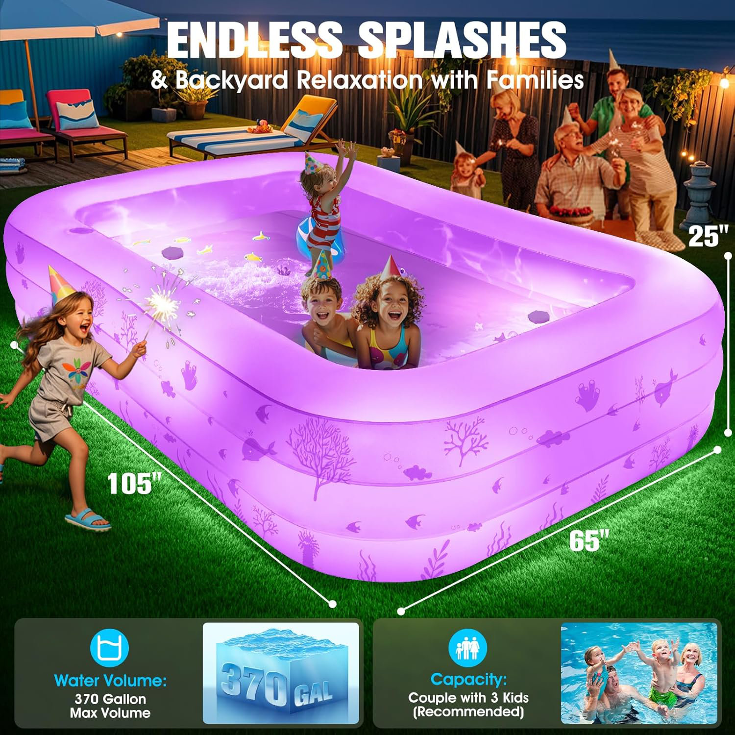 Zeki Shoggy Inflatable Pool With Seat And Pool Lights, Durable ...