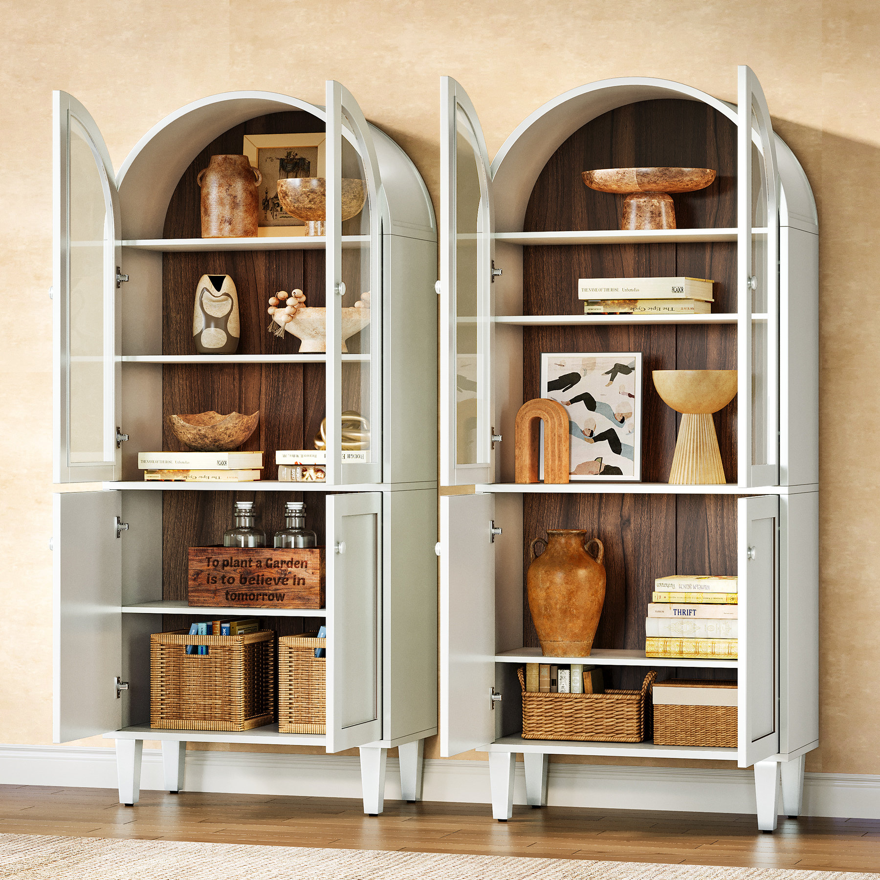 Ebern Designs 68" Tall Arched Storage Display Cabinet, Set of 2, White ...