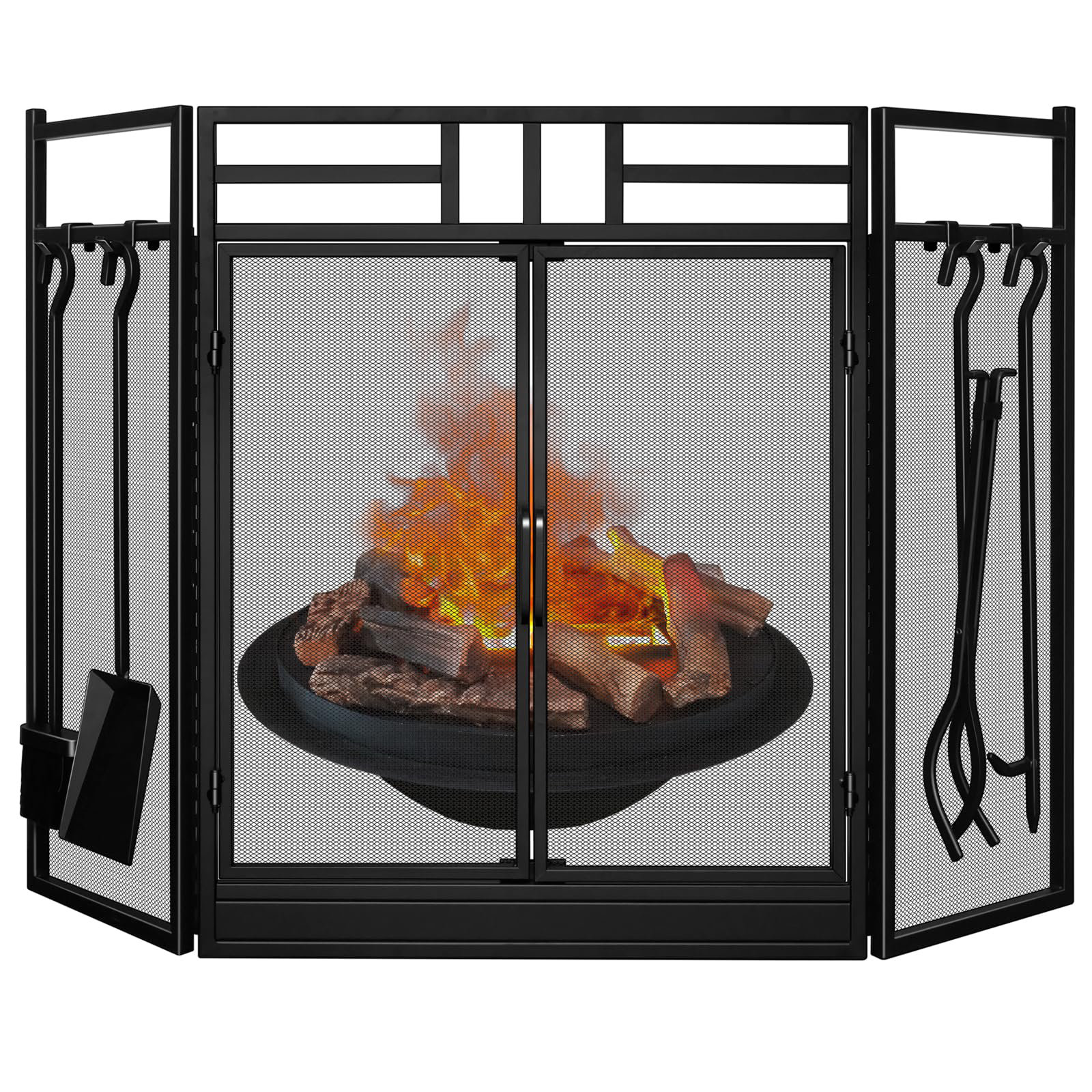 Hokku Designs Fireplace Screen with Door and Tools Set,3 Panel Folding ...