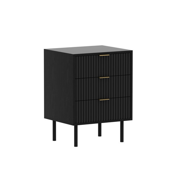 Mercer41 Black Fluted Ribbed 3 Drawer Nightstand, Chest of Drawers ...