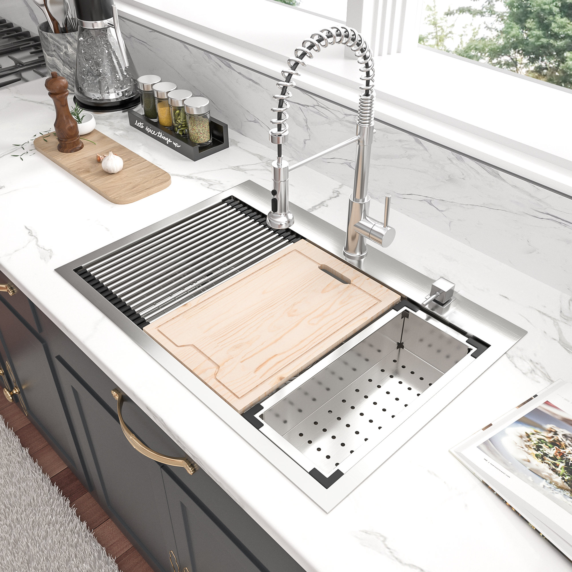 Sarlai 33" L x 22" W Drop-In Kitchen Sink Single Bowl Stainless Steel ...