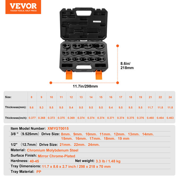 WFX Utility™ Crowfoot Wrench Set, 1/2" and 3/8" Drive 15-Piece | Wayfair