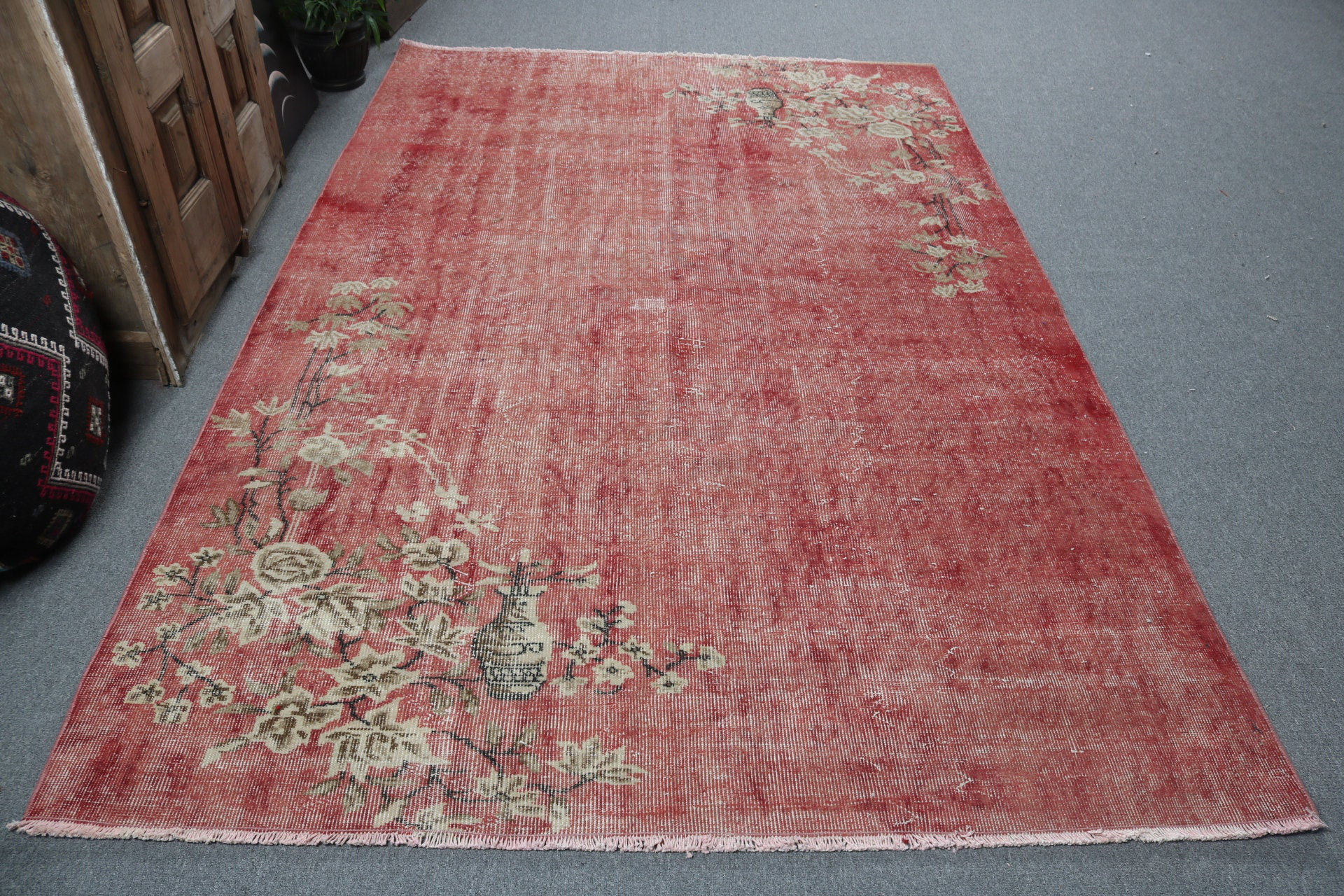 Bungalow Rose Large Vintage Red Oushak Turkish Rug with Floral Design ...