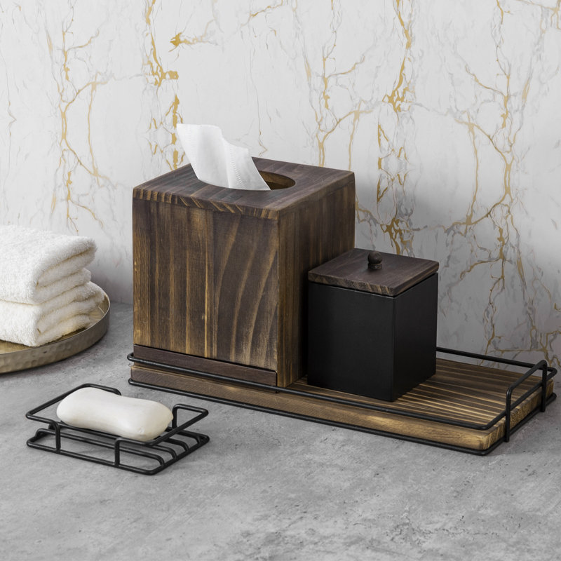 17 Stories Getts Metal Wood Countertop Bathroom Accessory Set | Wayfair