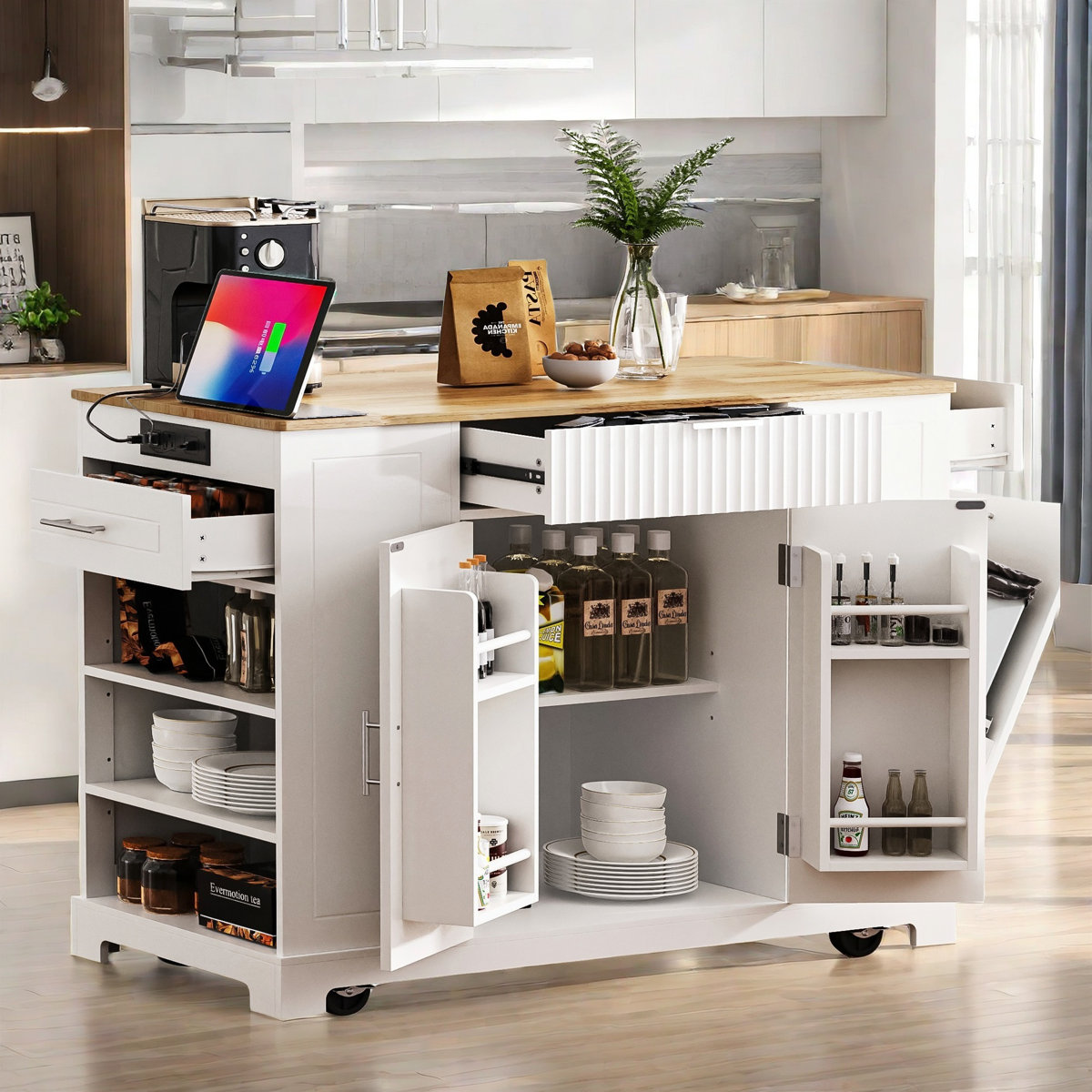 Lark Manor™ Fluted Kitchen Island With Tilt-out Trash Can, Power Outlet ...