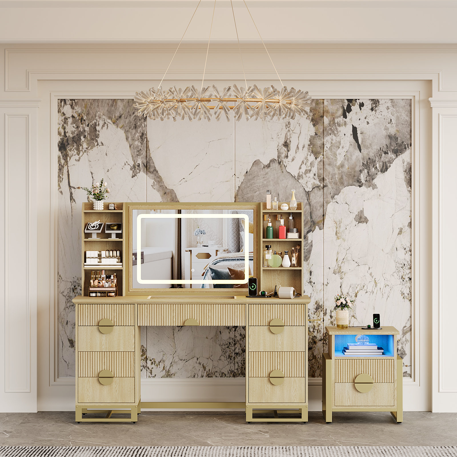 Wrought Studio 3-piece Bedroom Sets, 60" Fluted Makeup Vanity Desk And ...