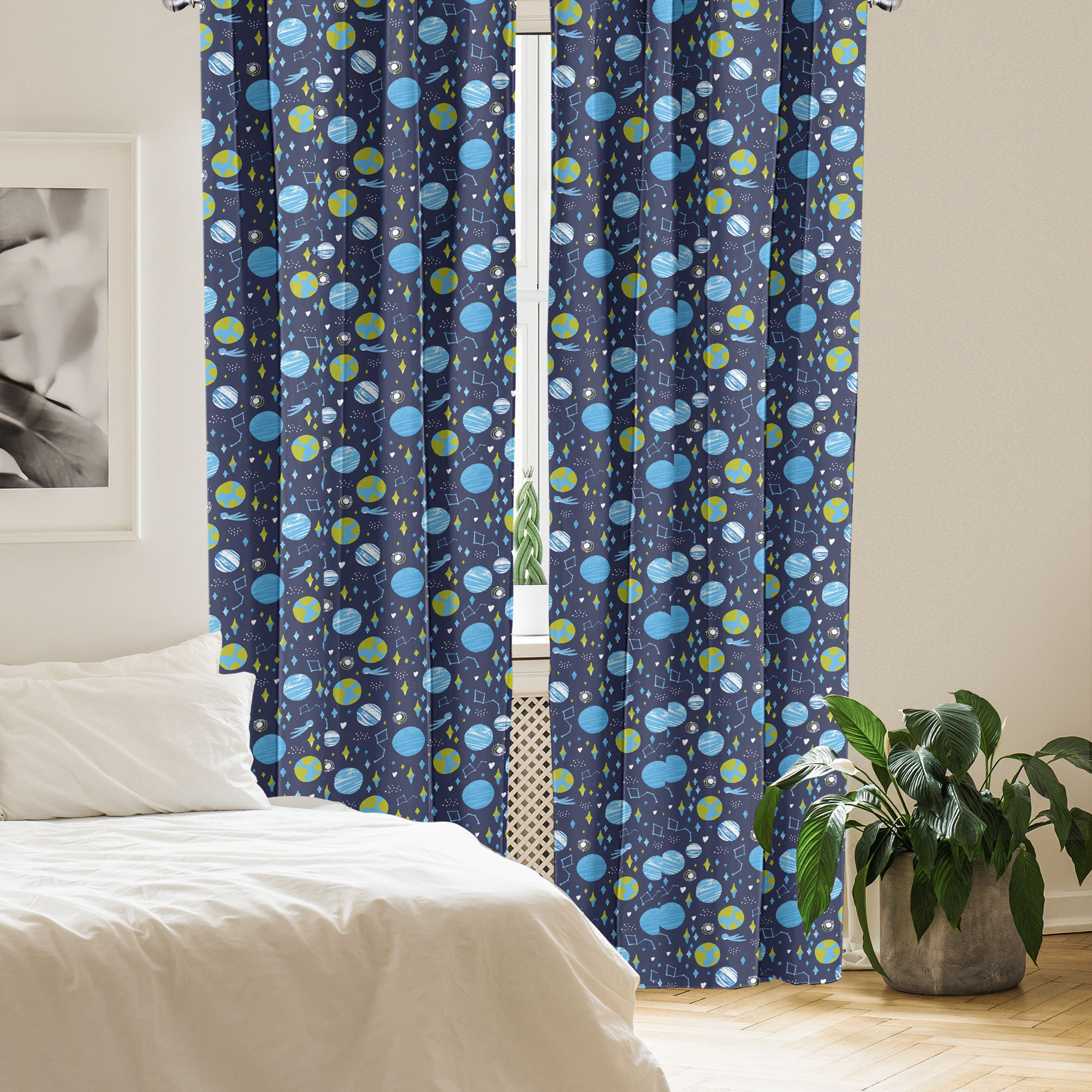East Urban Home Space 4-Panel Curtains, Hand Drawn Flying Elements ...