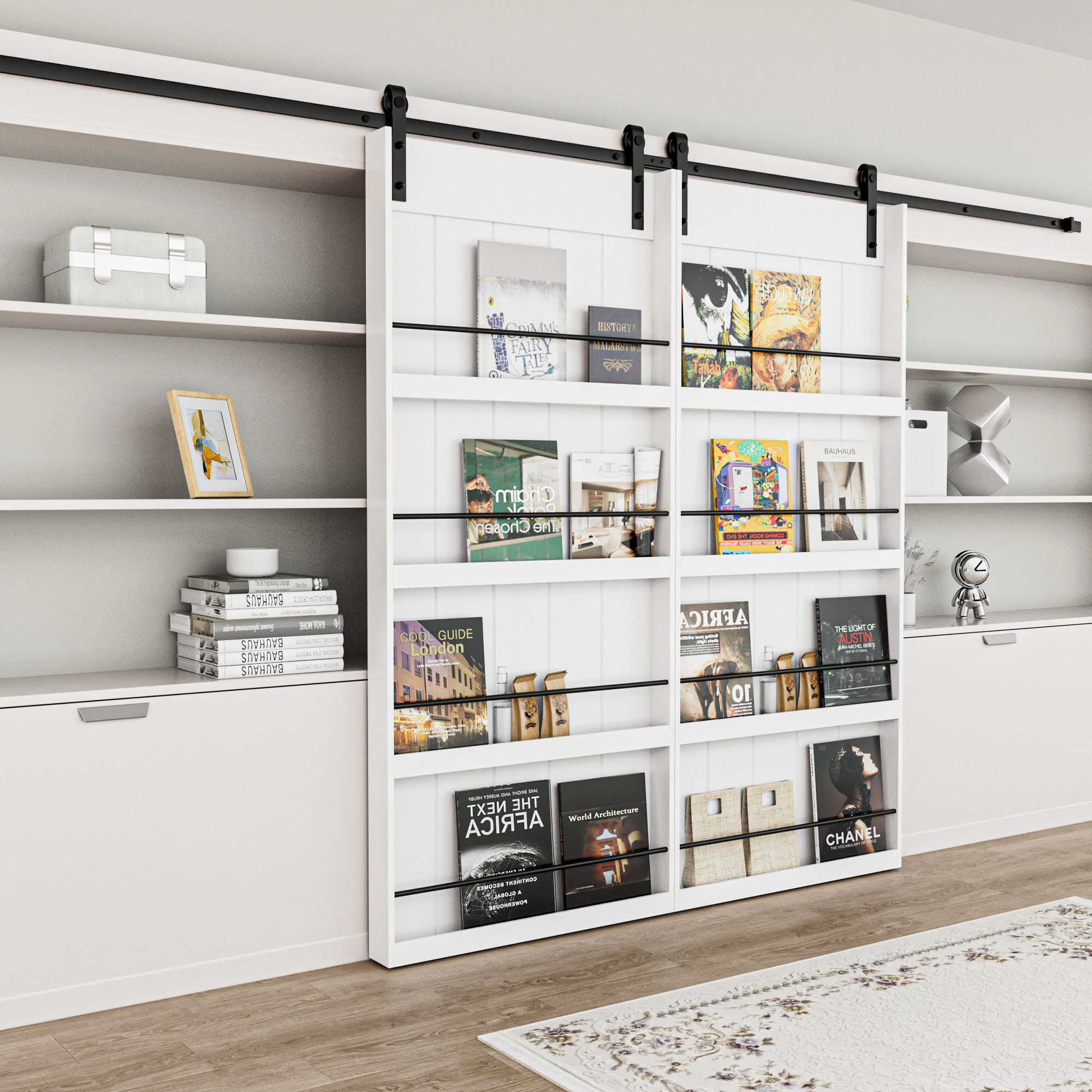 HOZONE Double Sliding Barn Doors -Four Levels Bookshelf Style Design ...