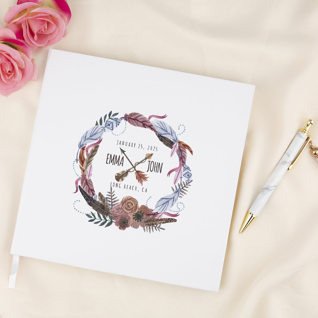 Koyal Wholesale Custom Wedding Guestbook, Boho Feather Wreath White ...