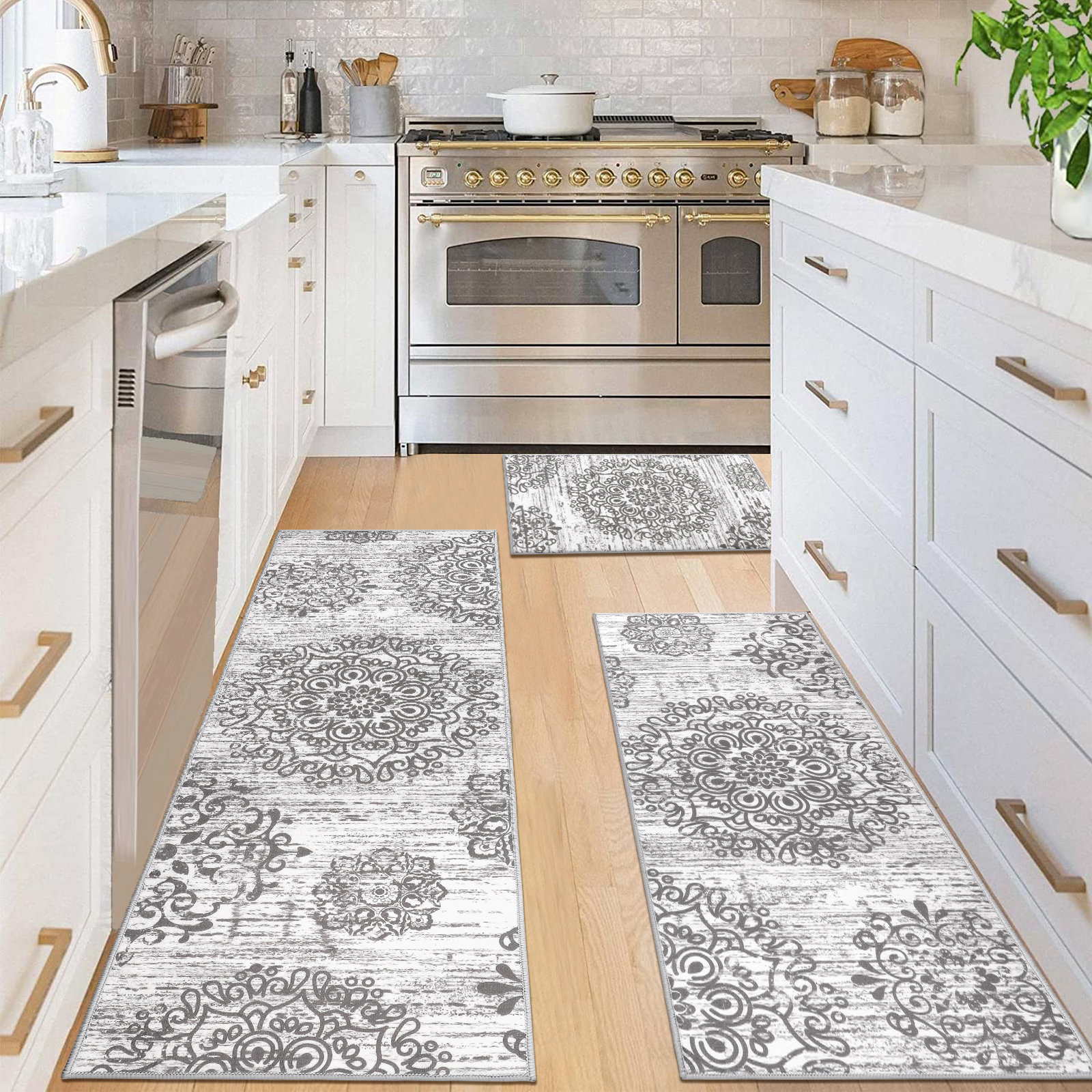 Bungalow Rose Farmhouse Non Slip Washable Gray Kitchen Rug Set with Mat ...
