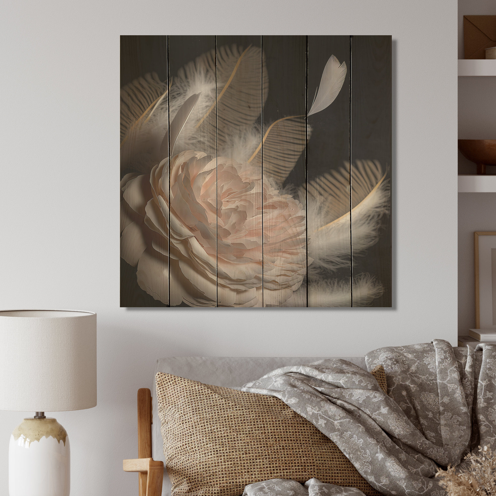 Red Barrel Studio® Pink Feather Rose On Black III - Floral Rose Wood ...