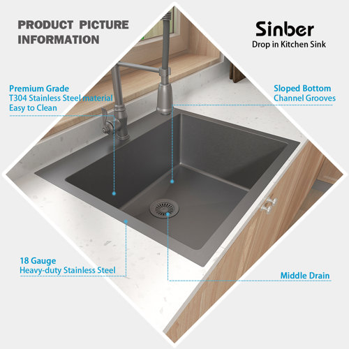 Sinber 25" x 22" Drop In Single Bowl Kitchen Sink with 18 Gauge 304 ...